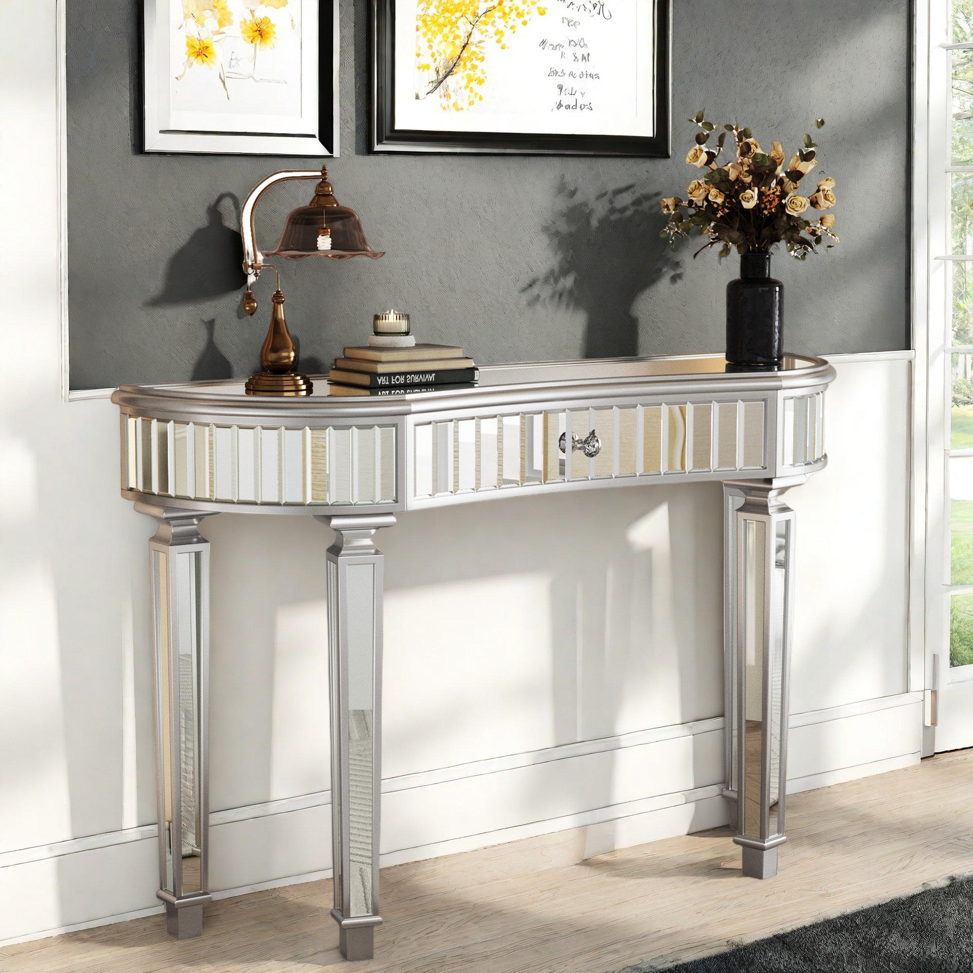 House of Hampton® Half-moon Mirrored Console Table With Fluted Glass ...