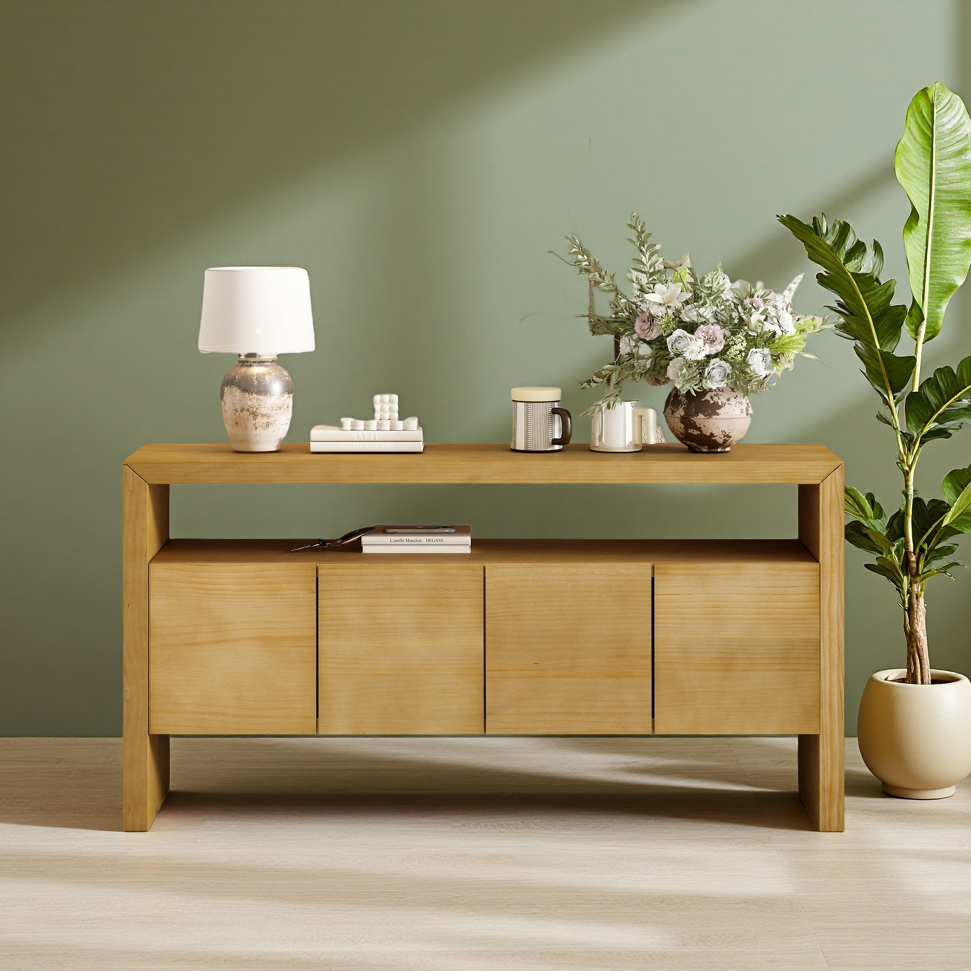 Latitude Run® 60" 4-Door Sideboard, Modern Minimalist Solid Wood Veneer ...