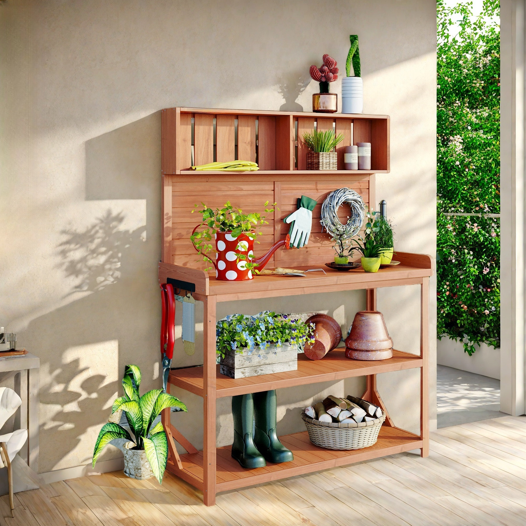 Red Barrel Studio® Large Outdoor Farmhouse Wooden Potting Bench Table ...