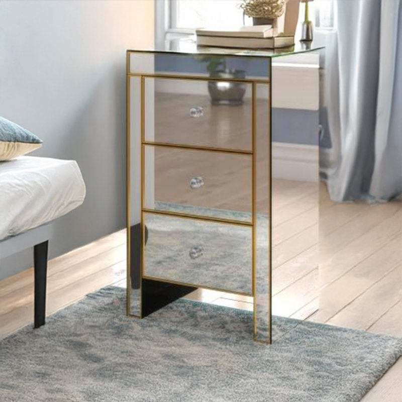 Mercer41 Elegant Mirrored Nightstand Gold Edge End Table With 3 Drawers ...