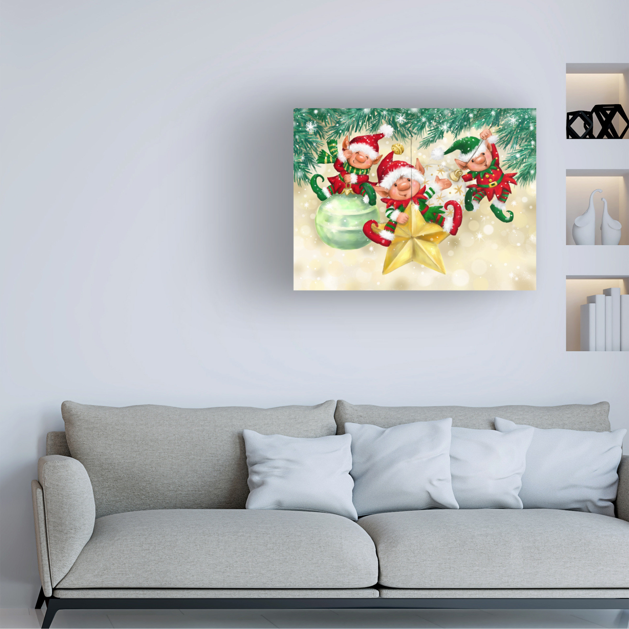 The Holiday Aisle® MAKIKO 'Elves On Christmas Baubles' Canvas Art ...