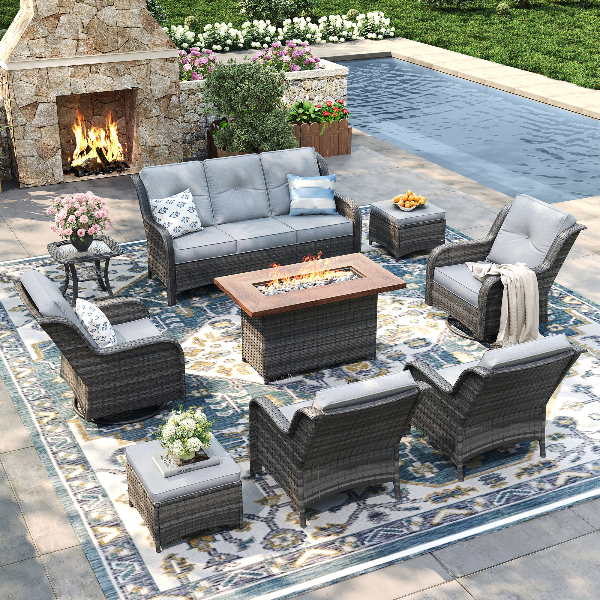 Lark Manor™ 9-Piece Outdoor Rattan Fire Pit Conversation set with 3 ...
