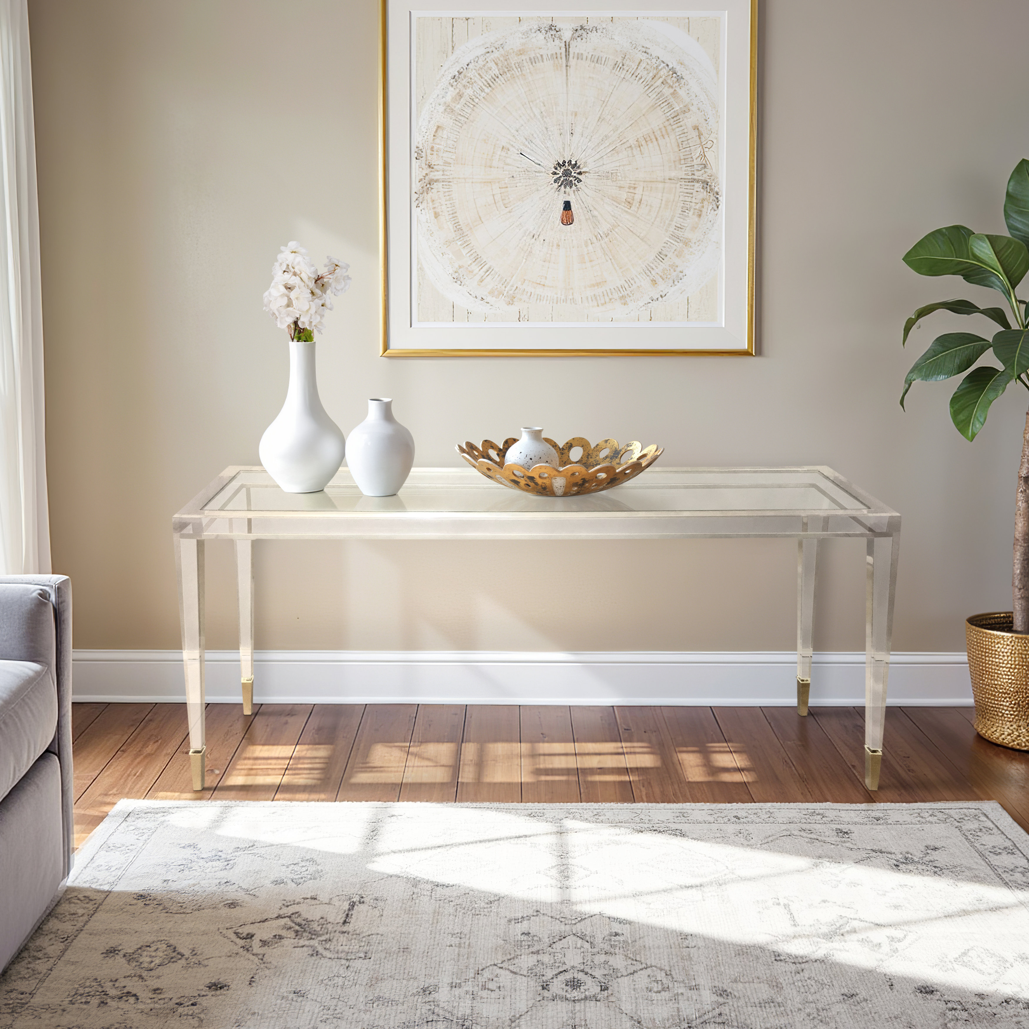 Everly Quinn 60" Basseux Acrylic Console Table - Chic Metal & Glass ...