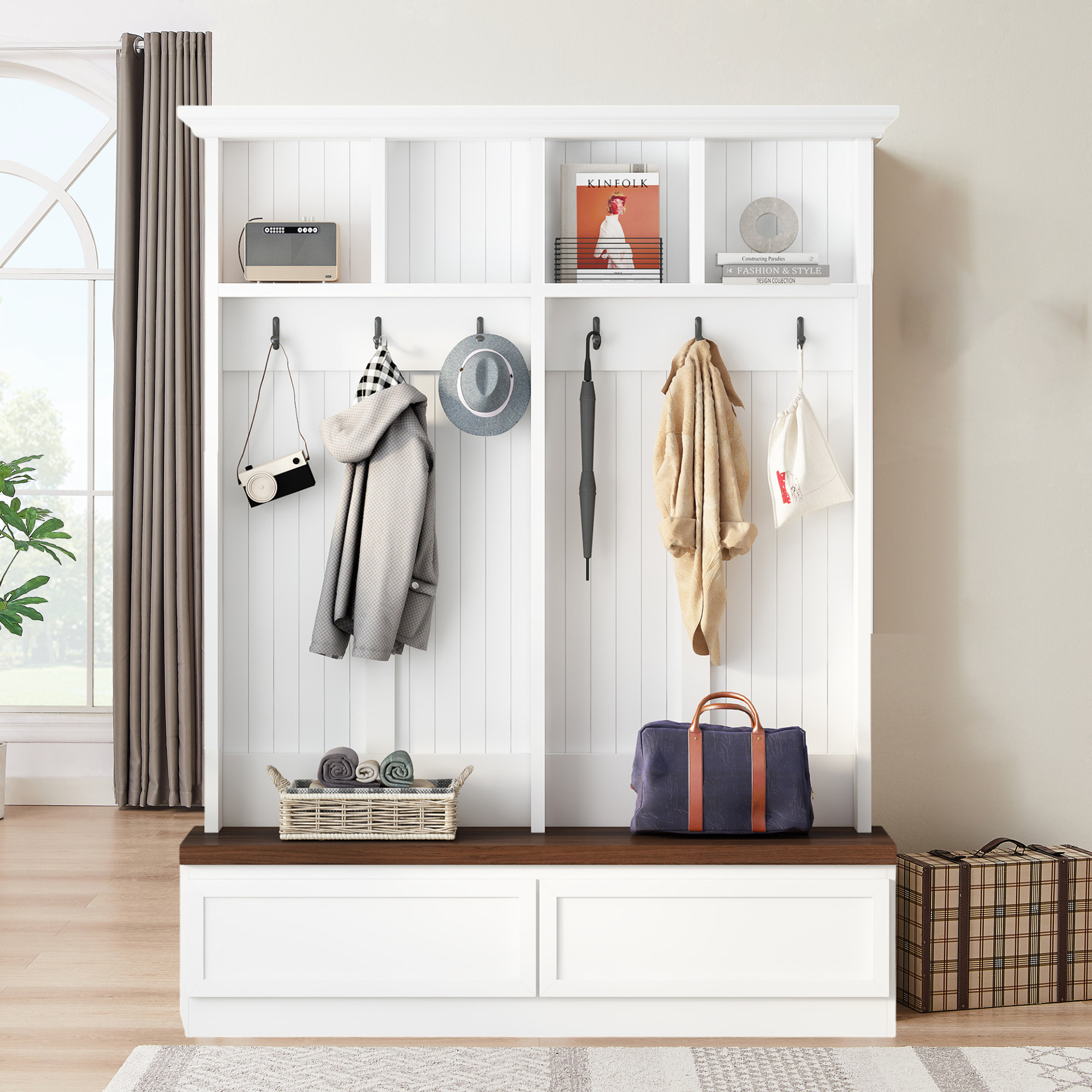 Darby Home Co 4-In-1 Hall Tree With Bench, Coat Rack, And Large Storage ...