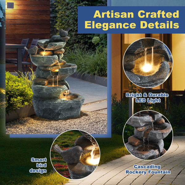 Millwood Pines 5-Tiers Cascading Rock Outdoor Water Fountain, Garden ...