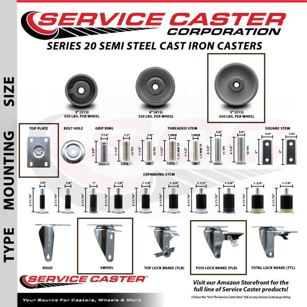 Service Caster 4 Piece Semi Steel Swivel Top Plate Caster Set with 2 ...