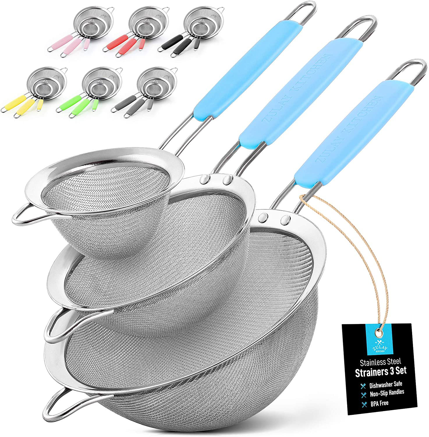 Zulay Kitchen Premium Stainless Steel Fine Mesh Strainer Set (includes ...