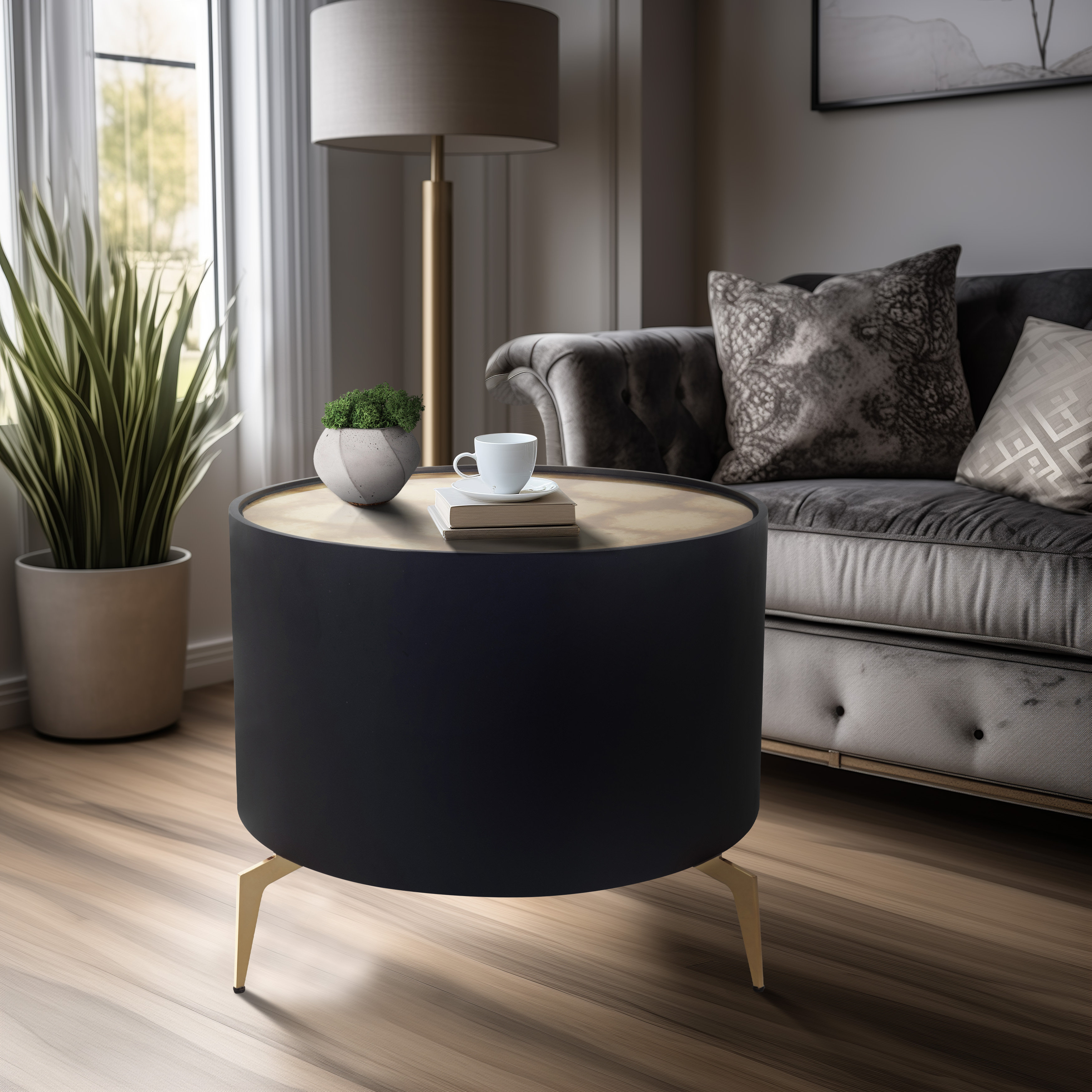 Everly Quinn Modern Neutral Wood Gold Leaf Round Top End Tables ...