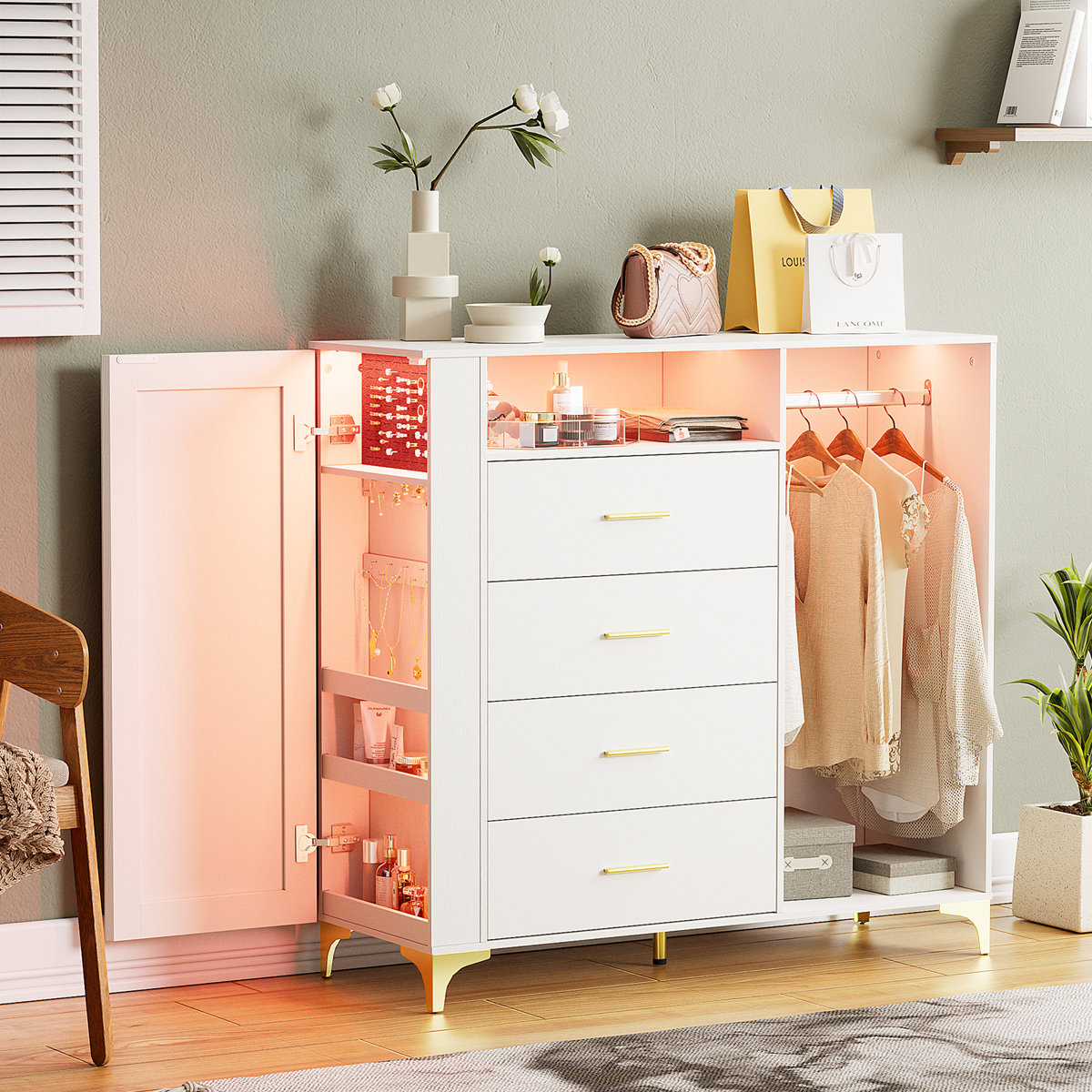 Wrought Studio™ 4 Drawer Dresser with Clothing Rack and Jewelry Cabinet ...