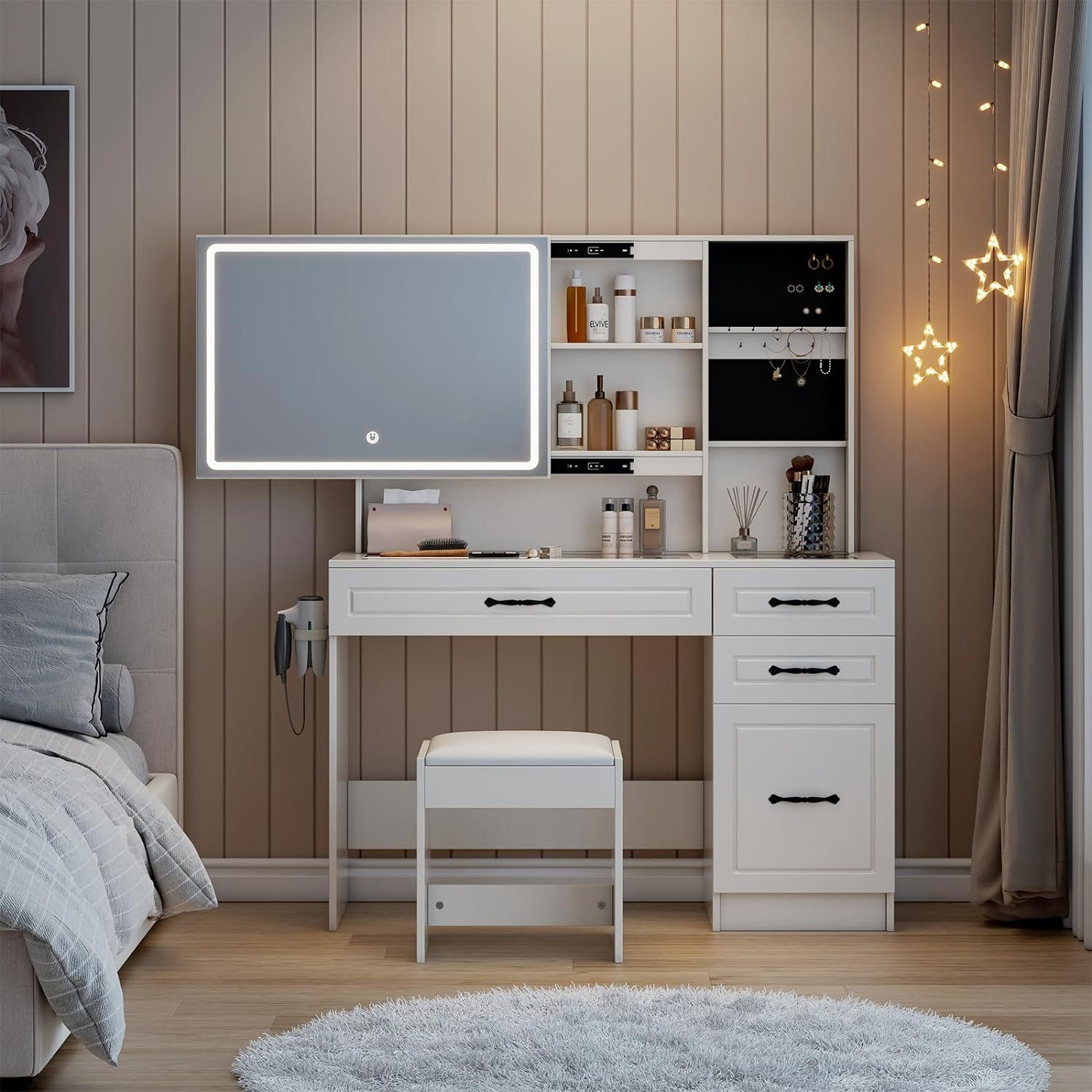 Wade Logan Breandra 45" Makeup Vanity Table Set with Sliding & LED ...