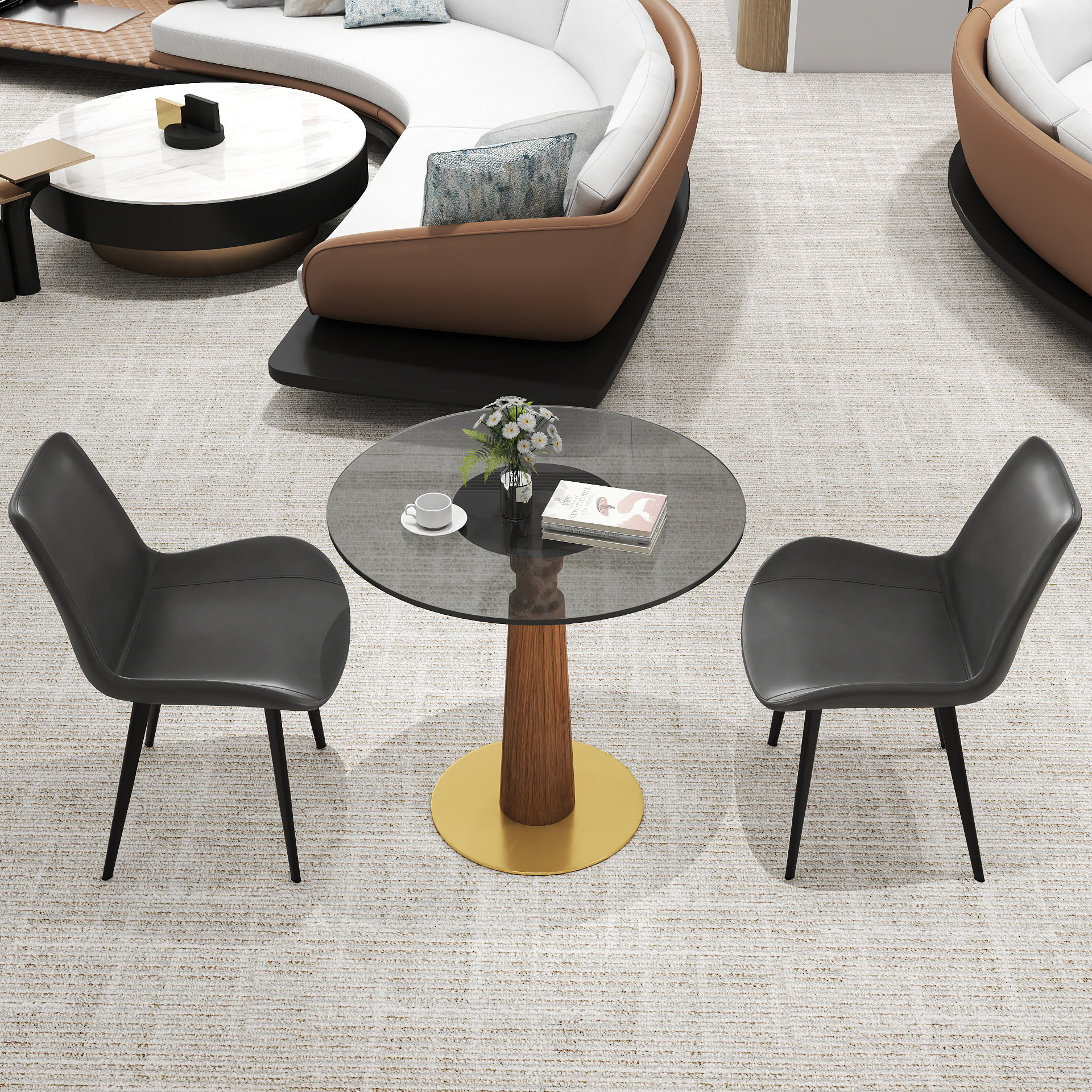 Jose 3-Piece Modern Round Glass Conference Table Set With 2 Leather ...