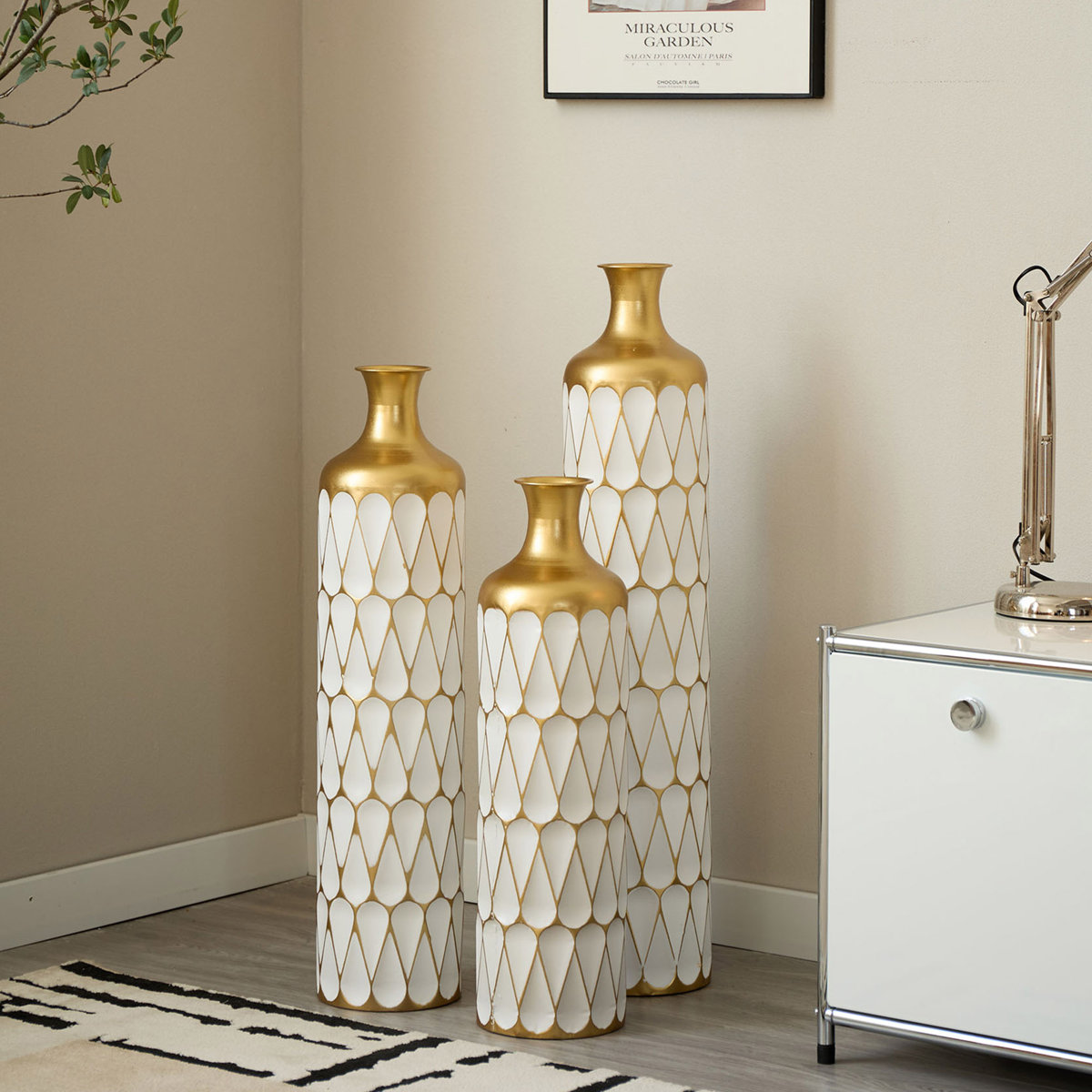 Everly Quinn 3-Piece White Gold Floor Vase, Golden Prism Design, Tall ...