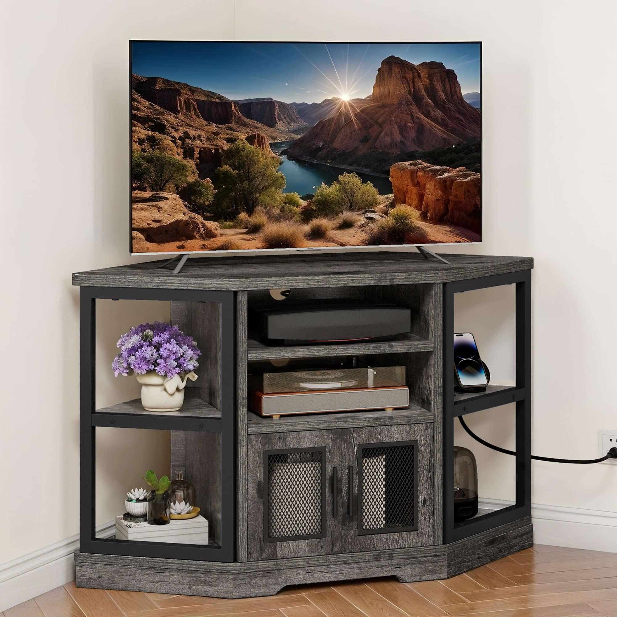 Ophelia & Co. Farmhouse Corner TV Stand With Power Outlet For 55/50 ...