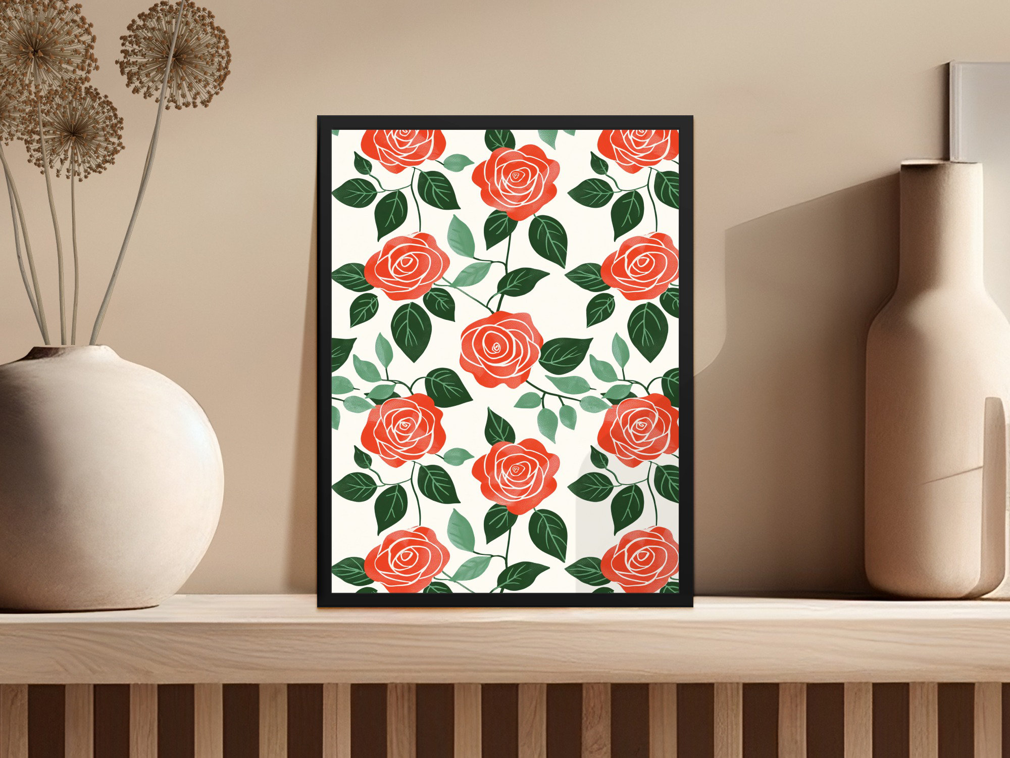 Lark Manor Red Roses and Green Leaves Botanical Pattern Decor Framed ...