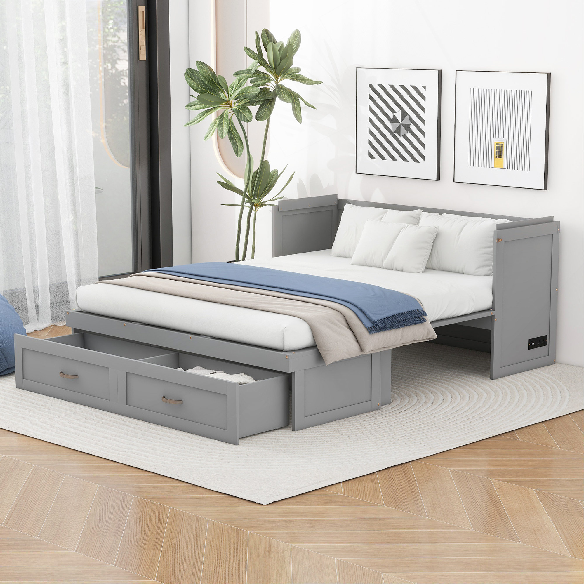 Hokku Designs Queen Size Murphy Bed With USB Ports, Large Drawers And ...