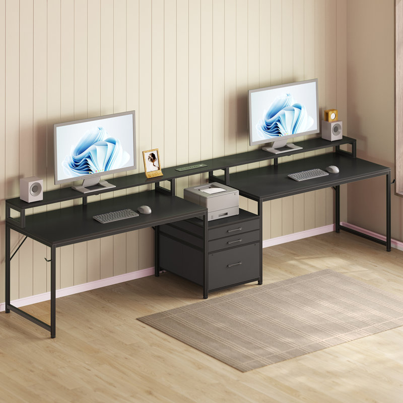 Inbox Zero 96.5" Office Desk, 2 Person Computer Desk With 3 Fabric ...