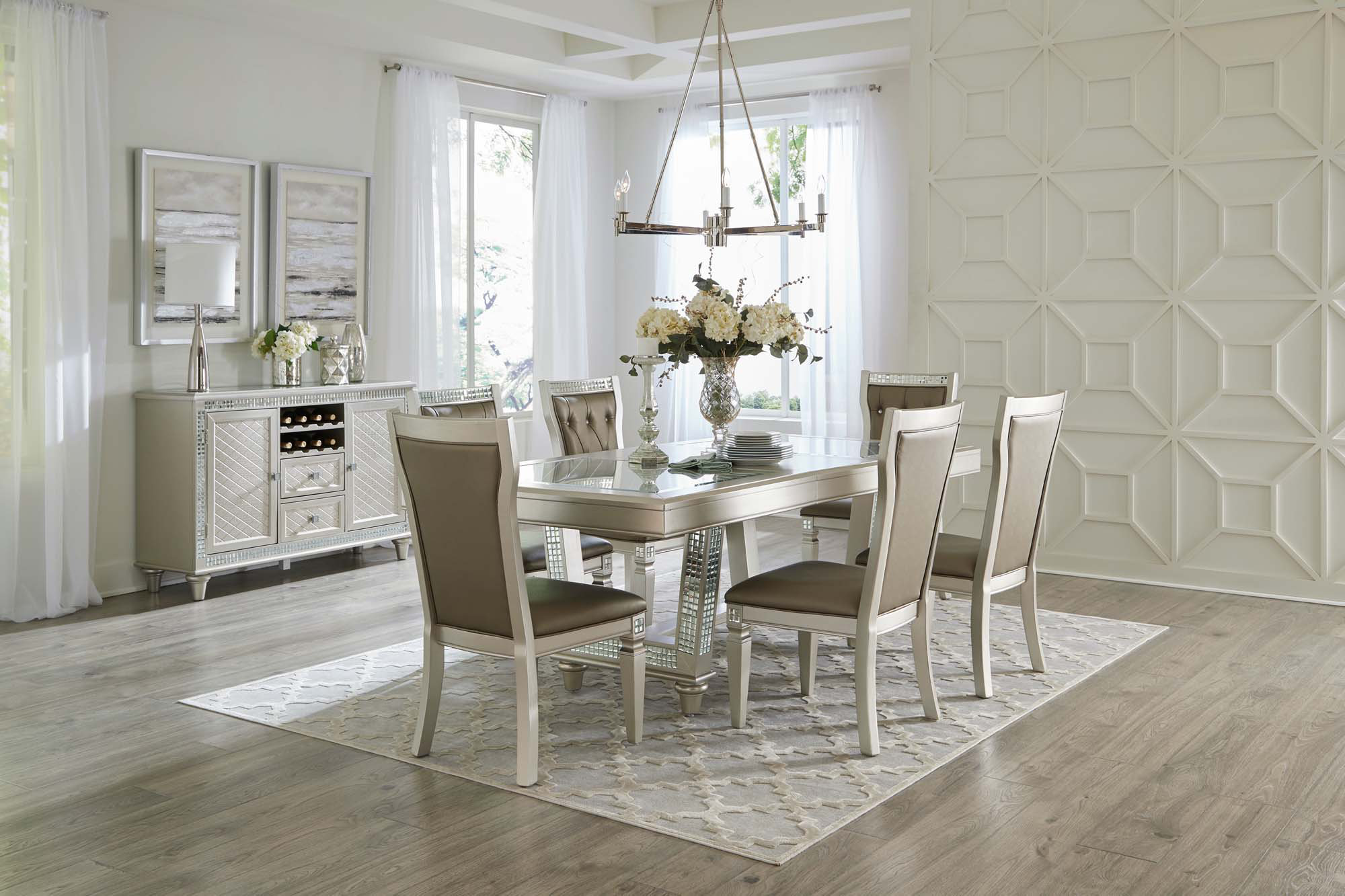 Mercer41 Dining 7Pc Set Champagne Finish Table W Leaf Glass Insert Top ...