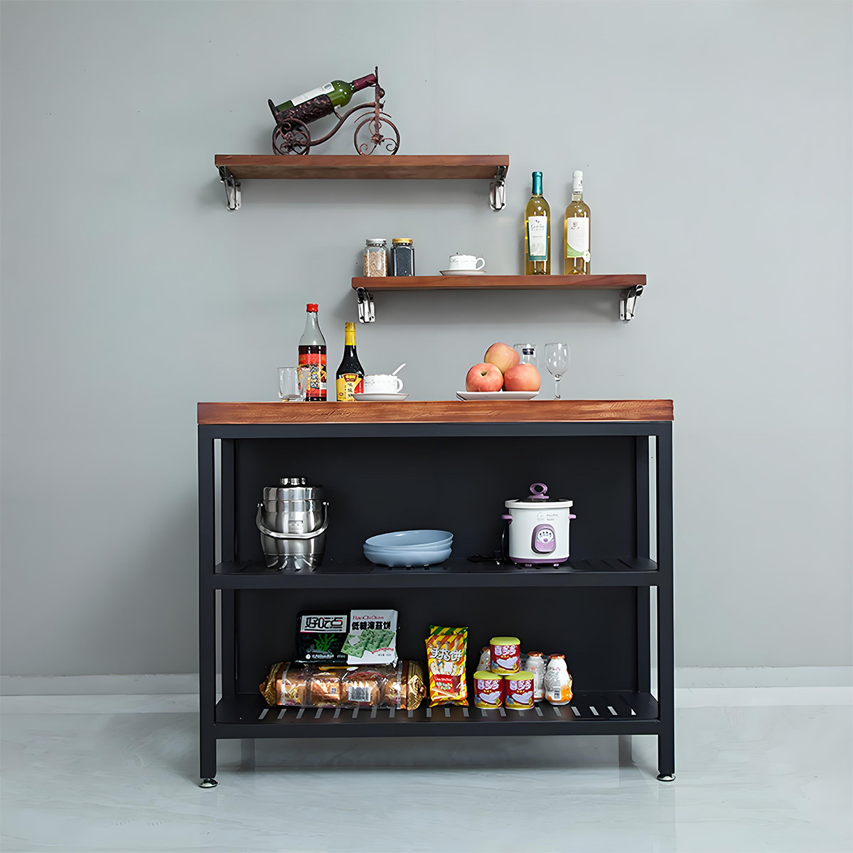 17 Stories Scandinavian Style Black Metal Kitchen Solid Wood Island ...