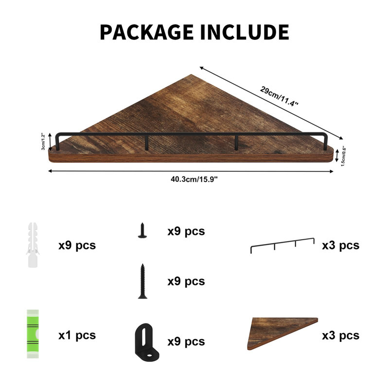 17 Stories Floating Corner Shelf Wall Mounted Rustic Wood Set Of 3 ...