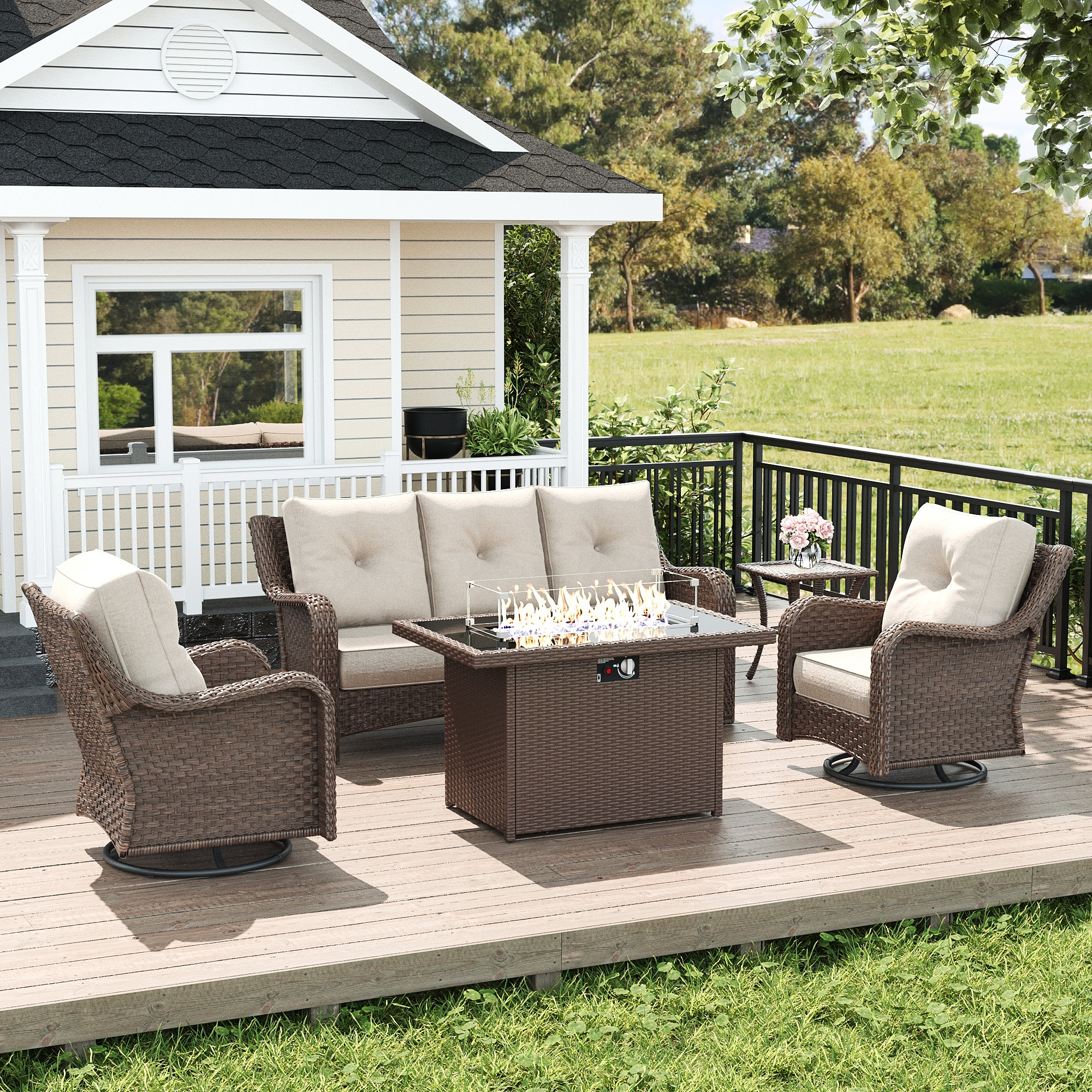 Lark Manor™ 5 Piece Wicker Outdoor Furniture Set with 6-inch Comfy ...