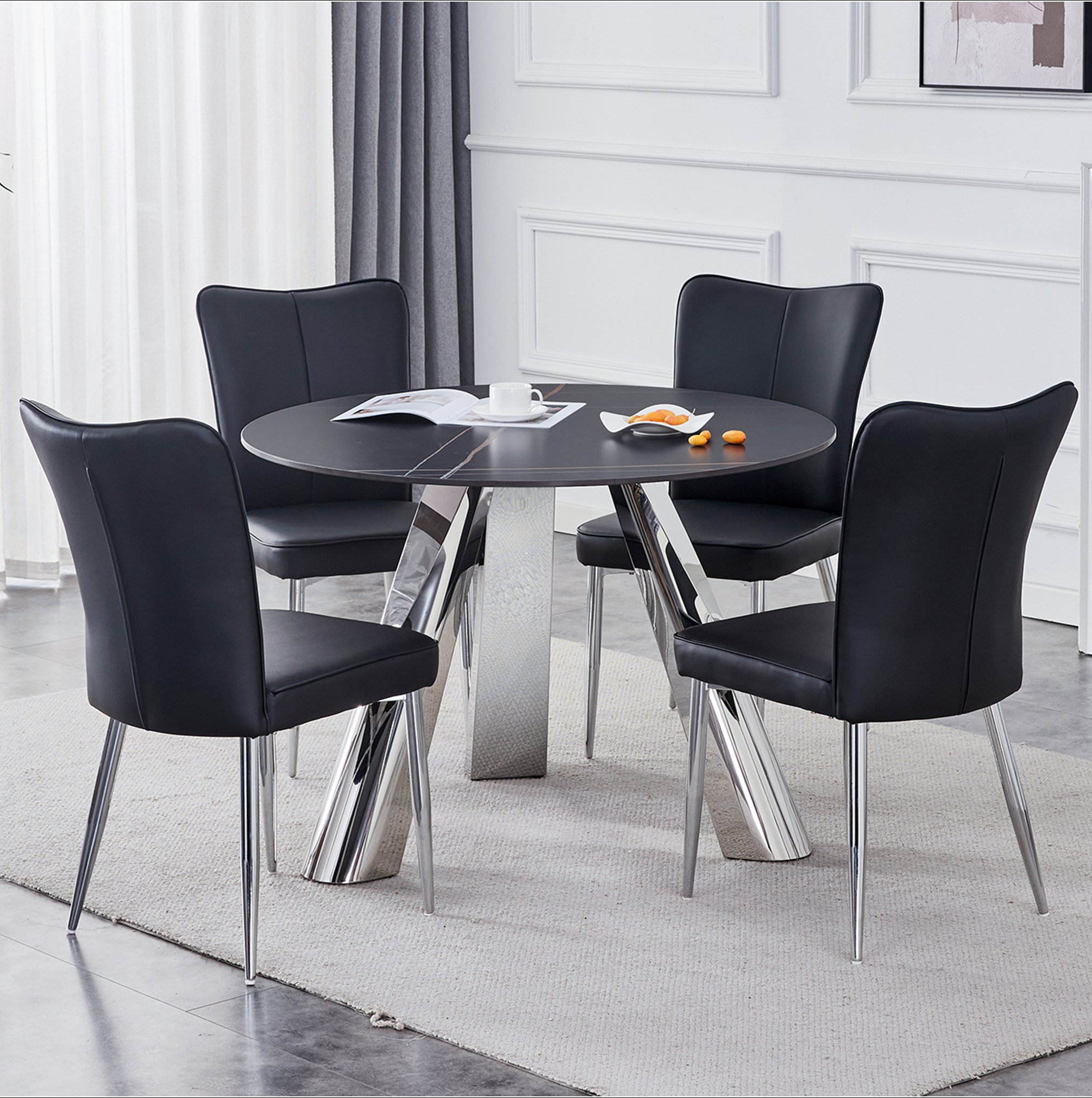 Orren Ellis 42-inch Dining Table and Chair Set Mirror-polished 4 PU ...