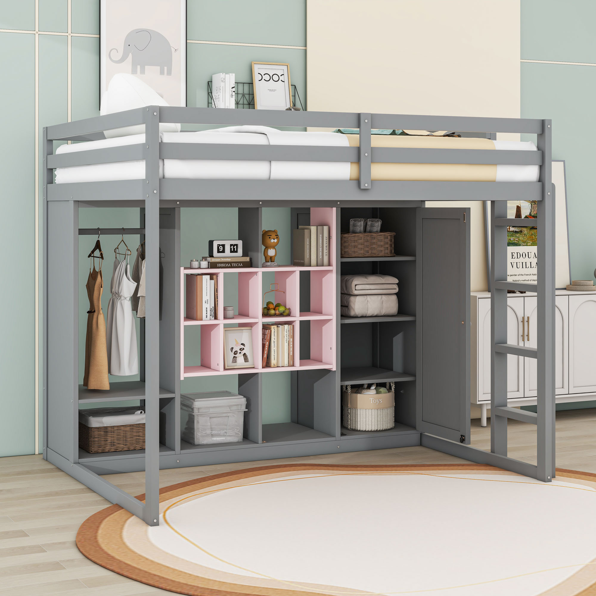 Harriet Bee Wooden Loft Bed With Shelves, Wardrobe And Guardrails ...