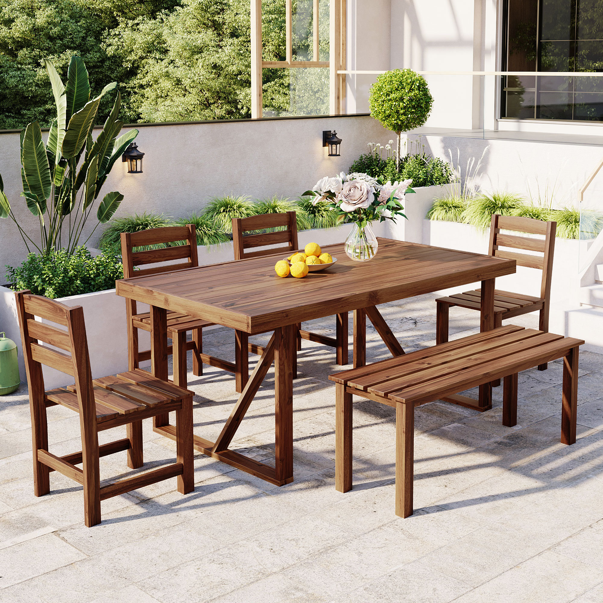 Lark Manor™ Ayomi 7-Piece Modern Patio Dining Set With Durable Acacia ...