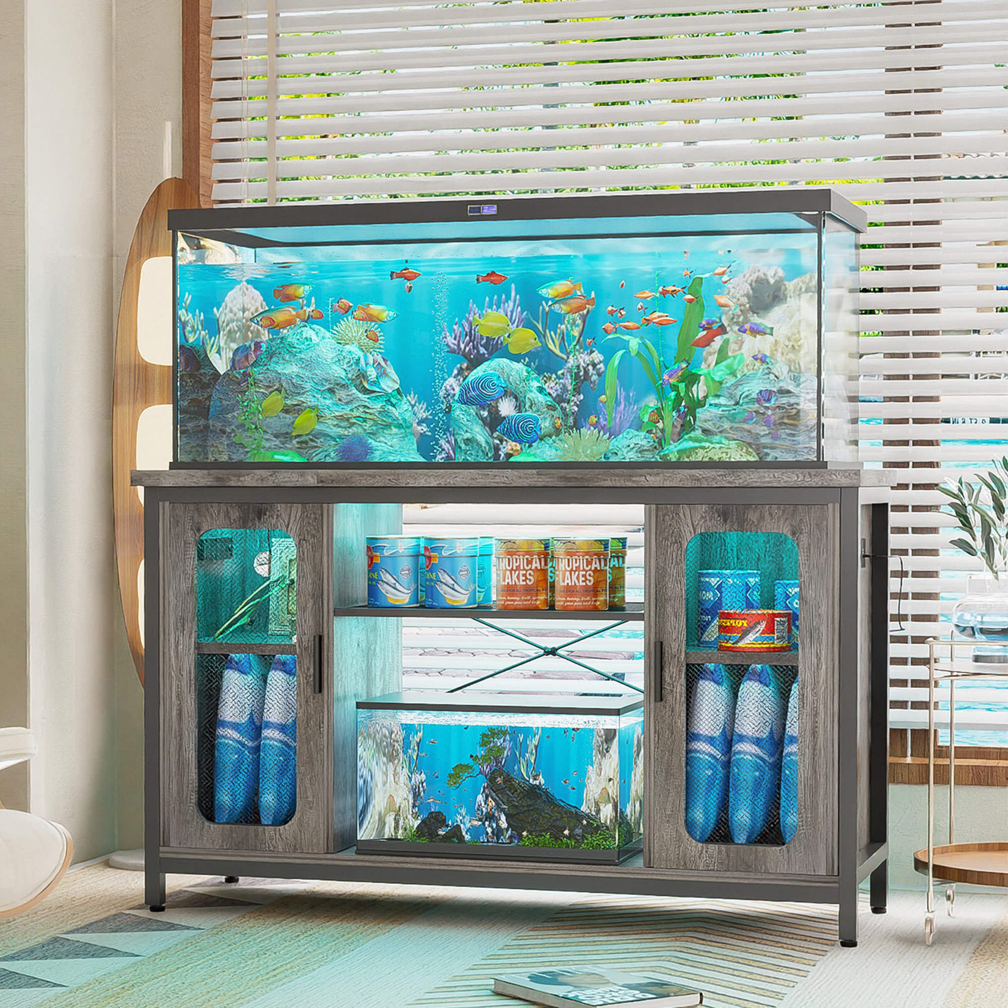 Ivy Bronx Rectangle Aquarium Stand With LED Lights, 55-75Gallon ...