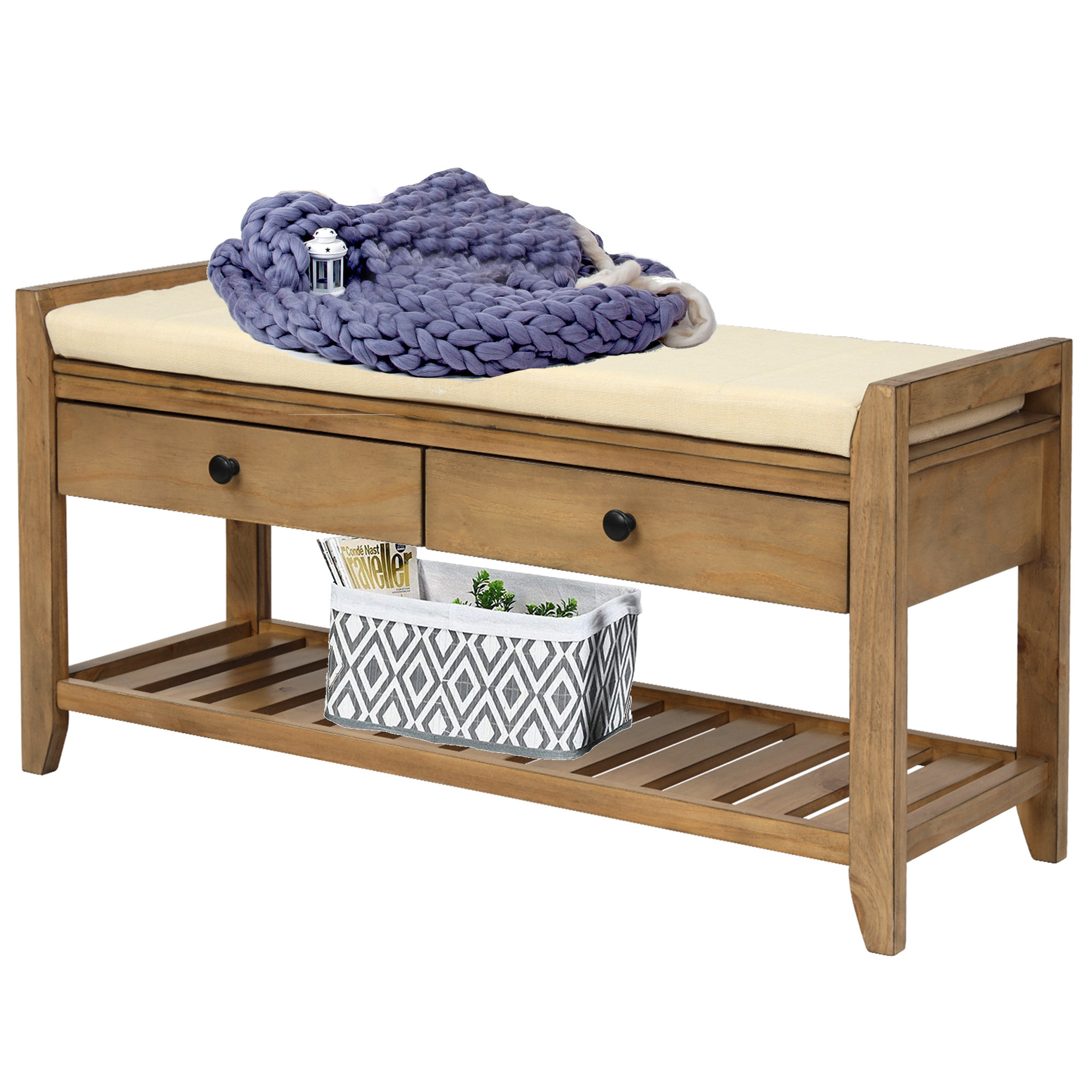 Highland Dunes Shoe Storage Bench, Wooden Entryway Bench With 2 Drawer ...