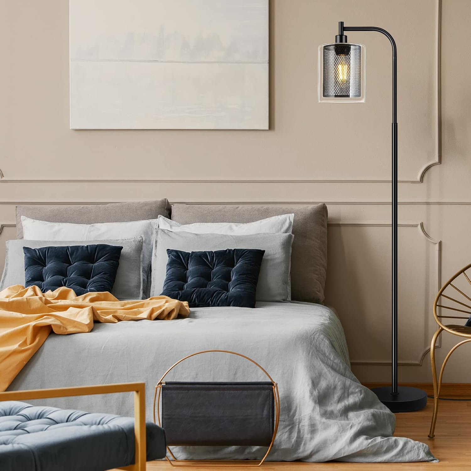 BY Family 2-In-1 Industrial Floor Lamp With Glass Shade, 6W Led Bulb ...