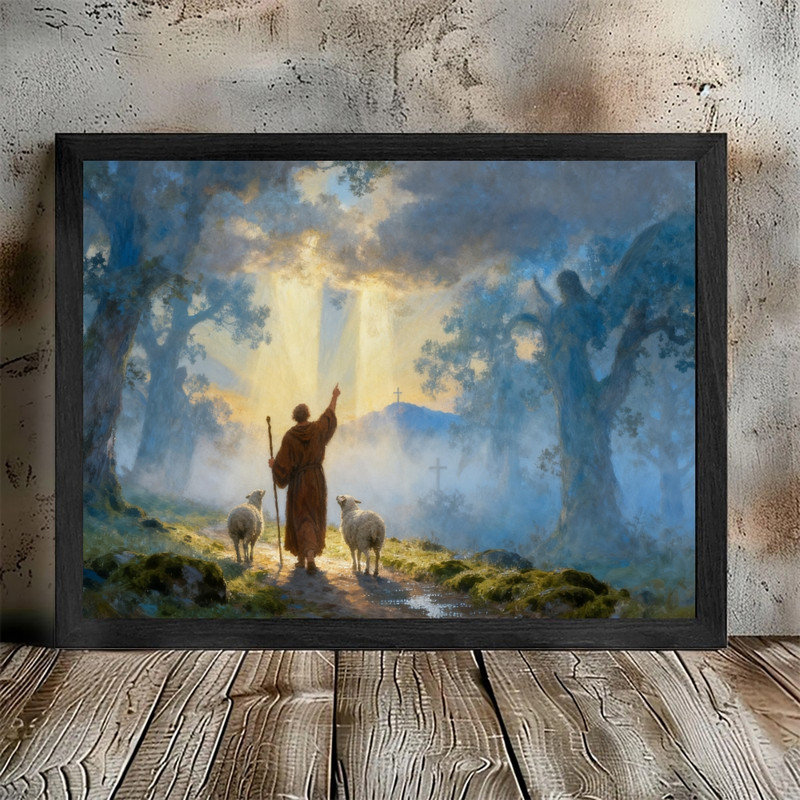 Winston Porter Black Framed Shepherd & Sheep Divine Light Art, Ethereal ...