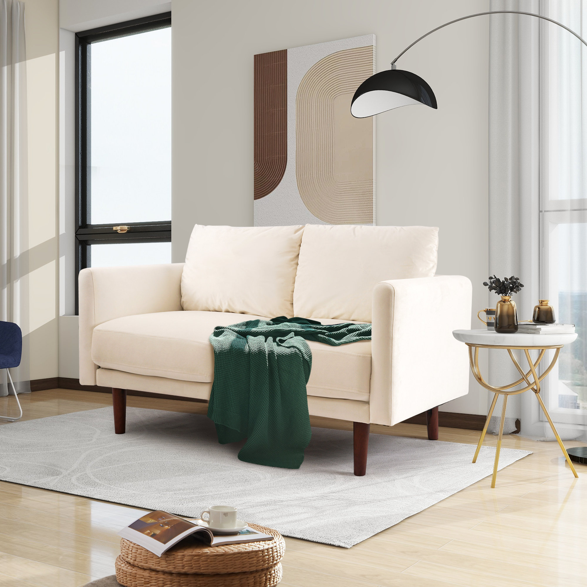 Ebern Designs Knapp 55.5" wide velvet round armrests and thick seat ...