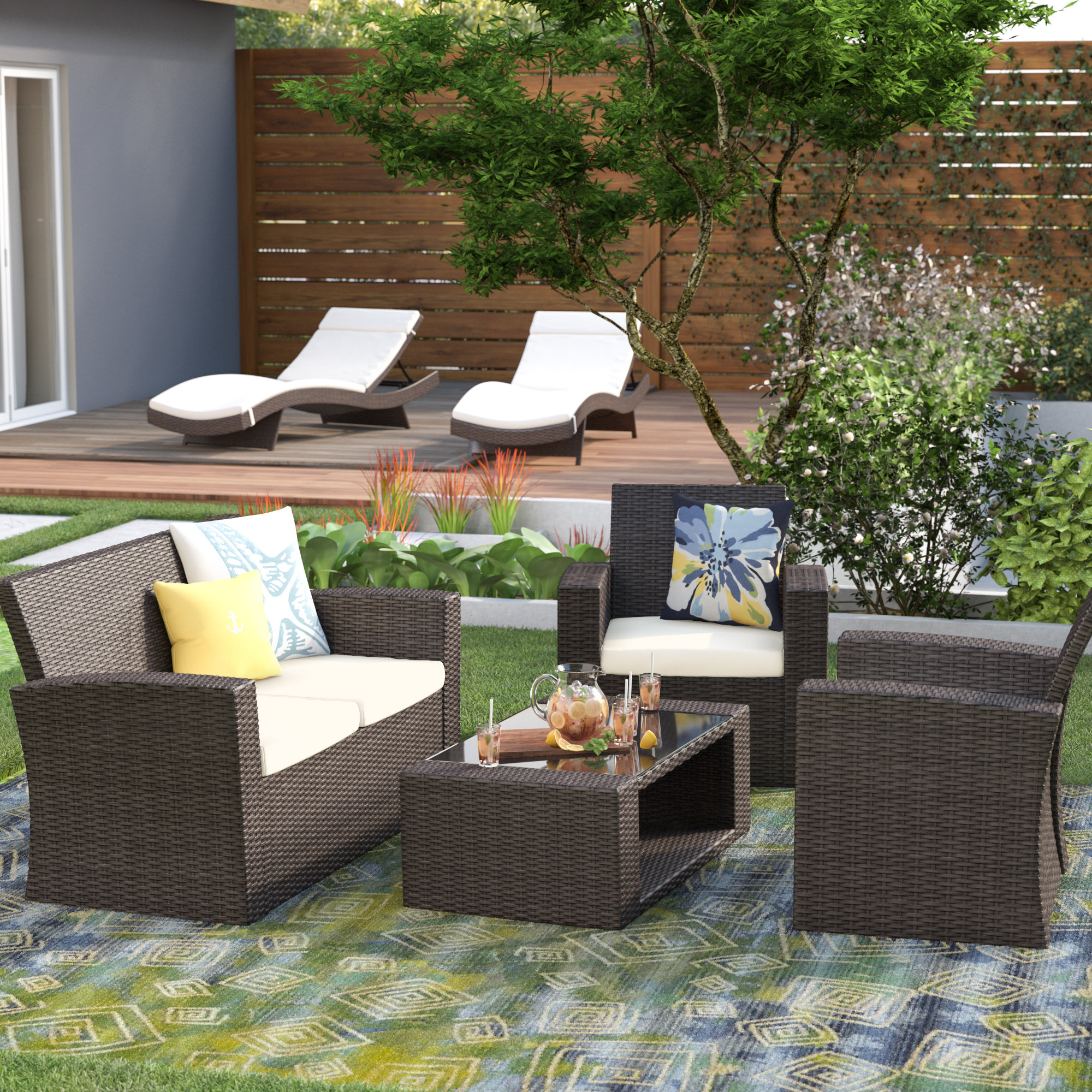Tisdale Wicker Rattan 4 Person Seating Group with Cushions Beachcrest Home Frame Color Chocolate Cushion Color Orange Performance