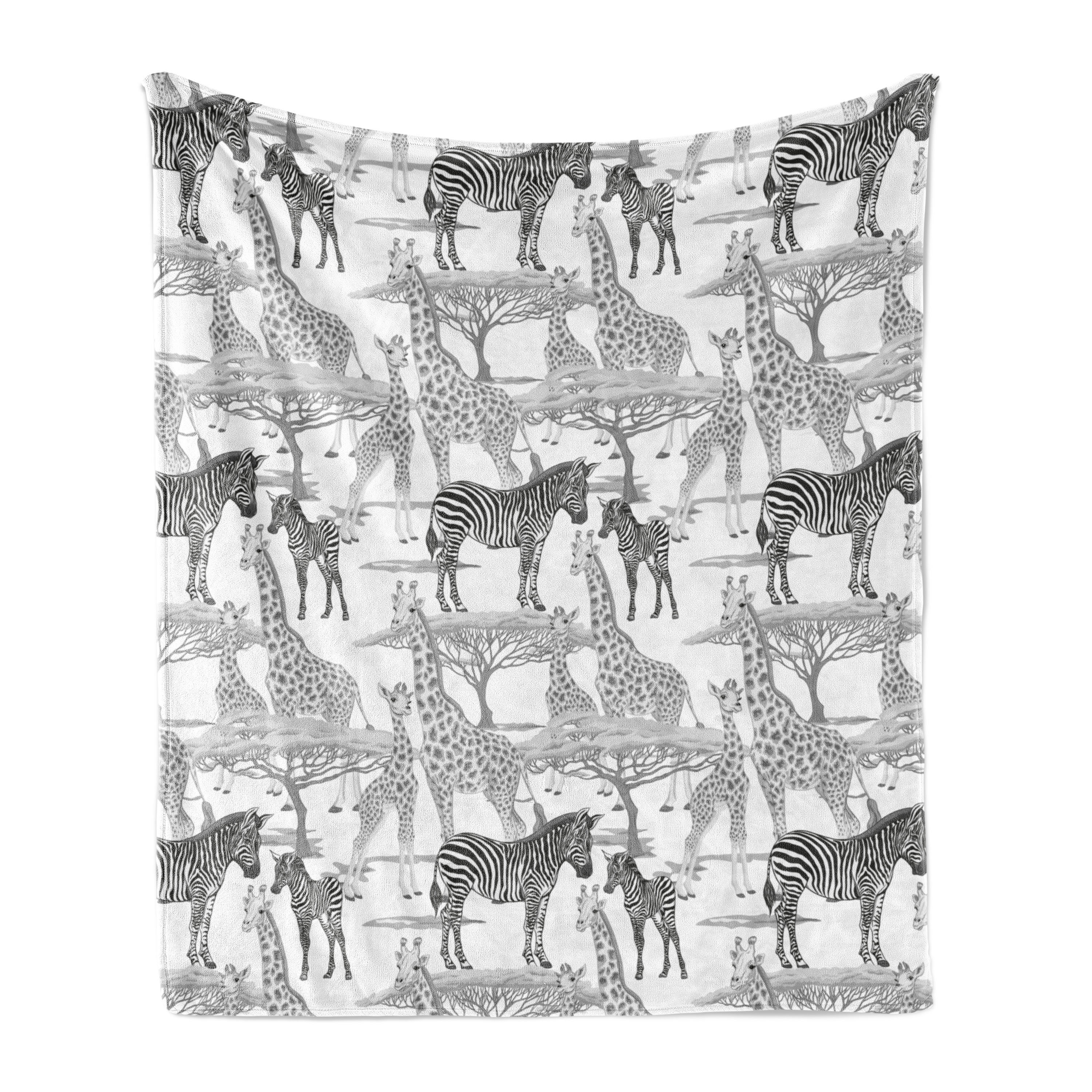 Ambesonne African Fleece Throw Blanket Zebras Giraffes and Trees Grey and White | Wayfair