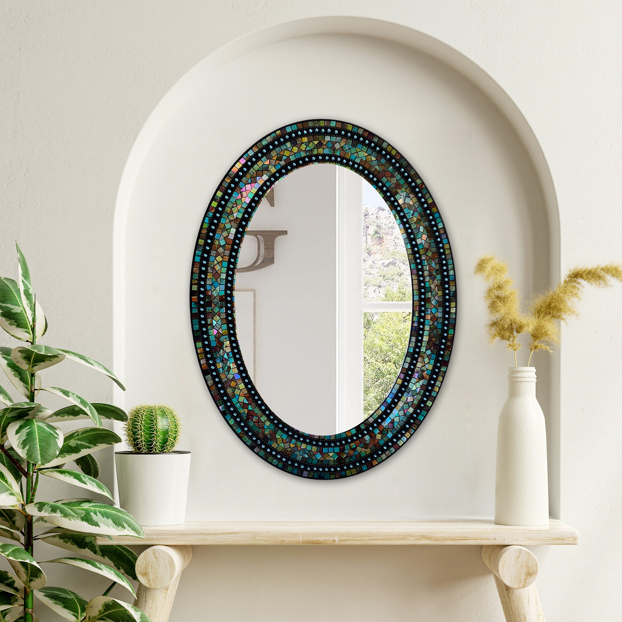 Dakota Fields Handcrafted Oval Mosaic Wall Mirror, Decorative Mosaic ...