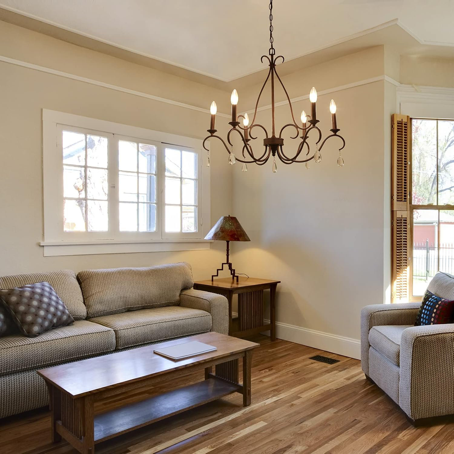 House of Hampton Rustic Farmhouse Chandelier With Crystal Pendants, 6 ...