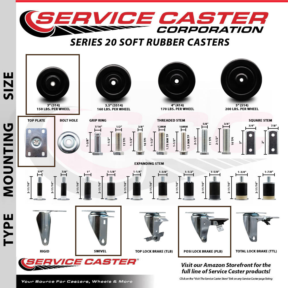 Service Caster 4 Piece Rubber Caster Set with 2 Posi Brakes | Wayfair