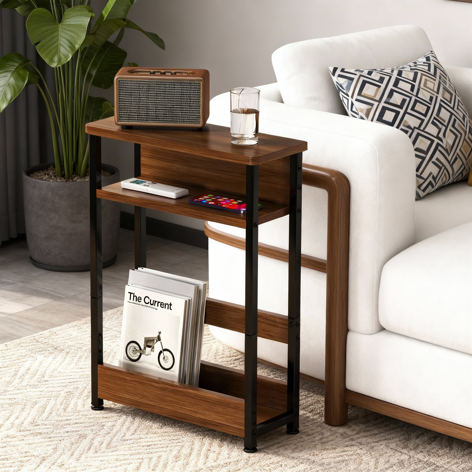 Borough Wharf Slim 3-Tier Industrial Side Table with Storage Shelves & Magazine Holder – Narrow ...