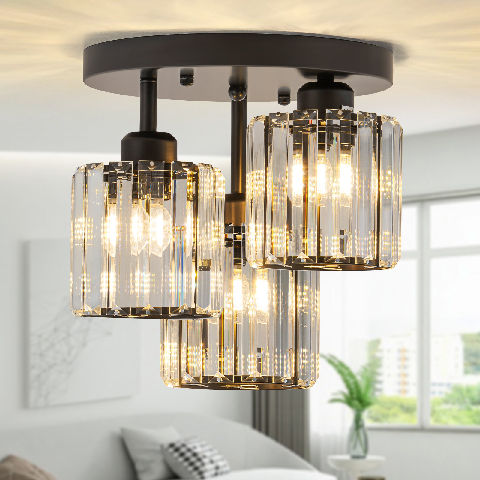 Mercer41 3-Light Modern Crystal Cluster Semi Flush Mount Ceiling Light ...