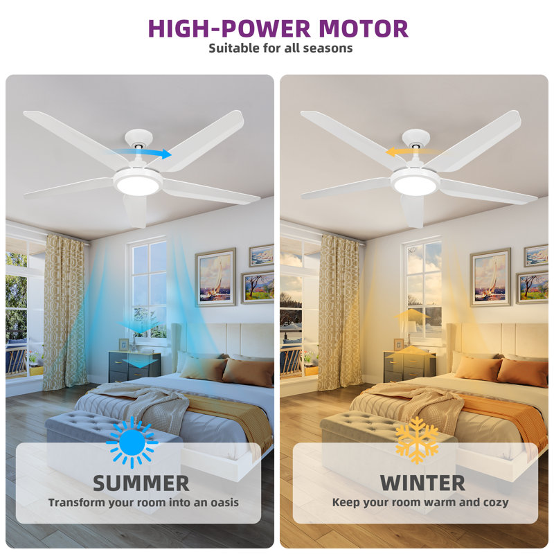 Ebern Designs 52" White Ceiling Fan 5 Blade Modern Reversible Ceiling ...