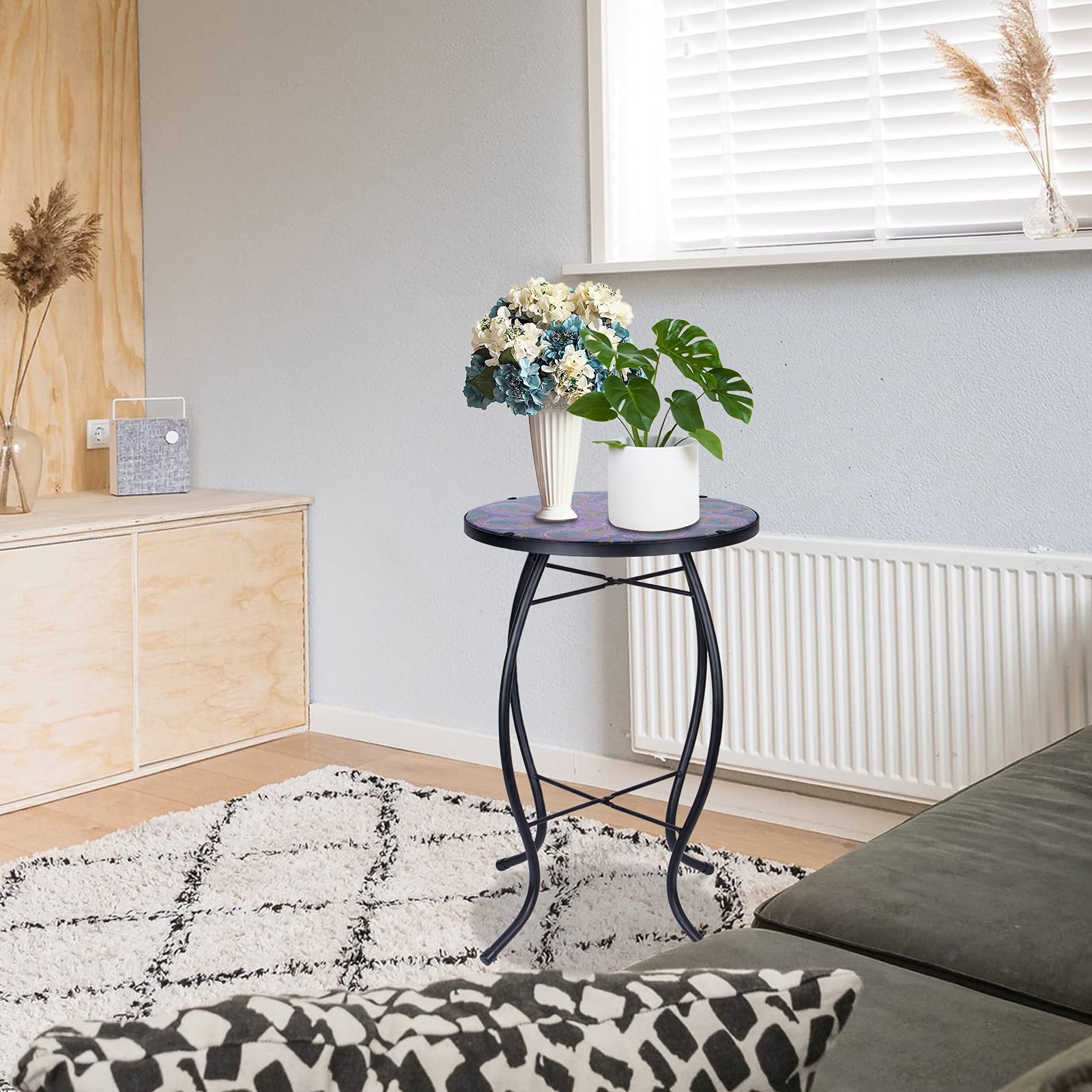 Bungalow Rose Nazrol Outdoor Side Table Purple Mosaic Patio, Glass Top ...