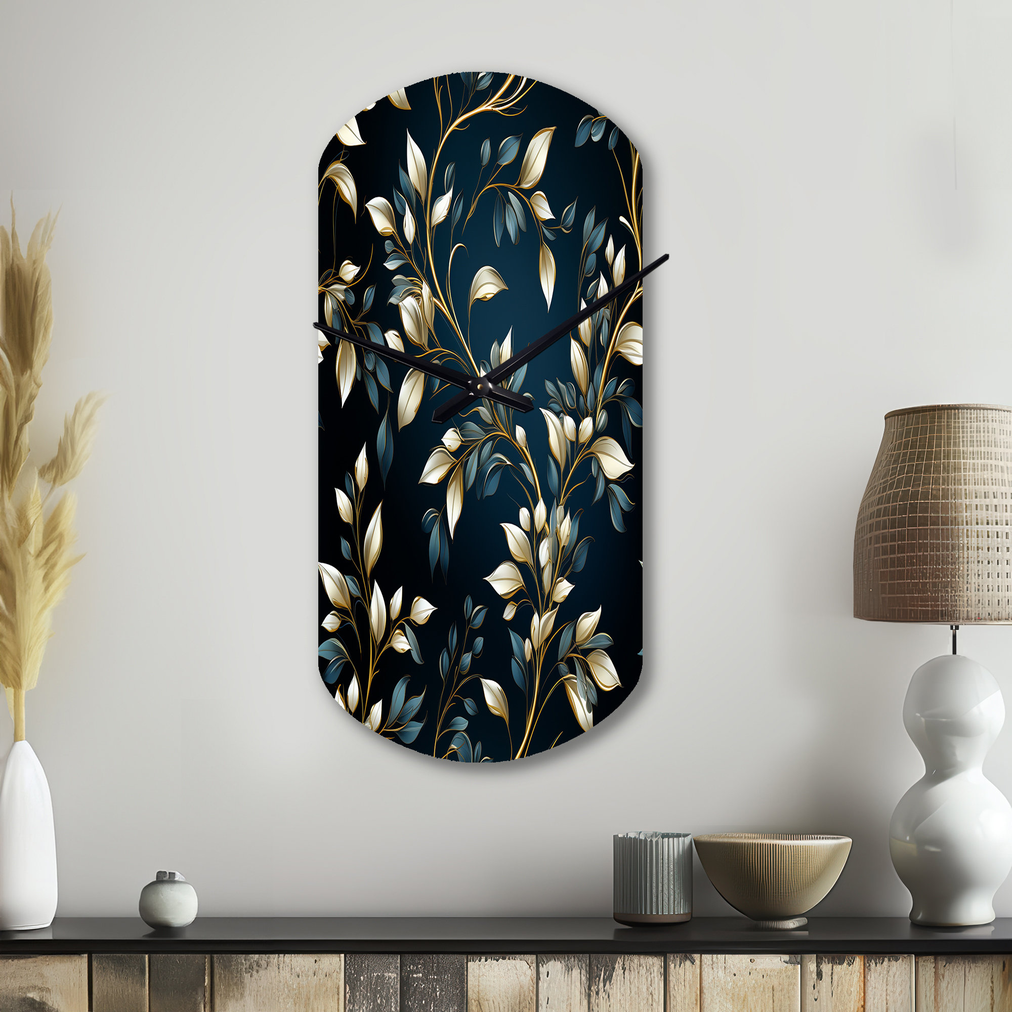 Design Art Gold And Blue Royal Botanical Vines - Asymmetrical Floral ...