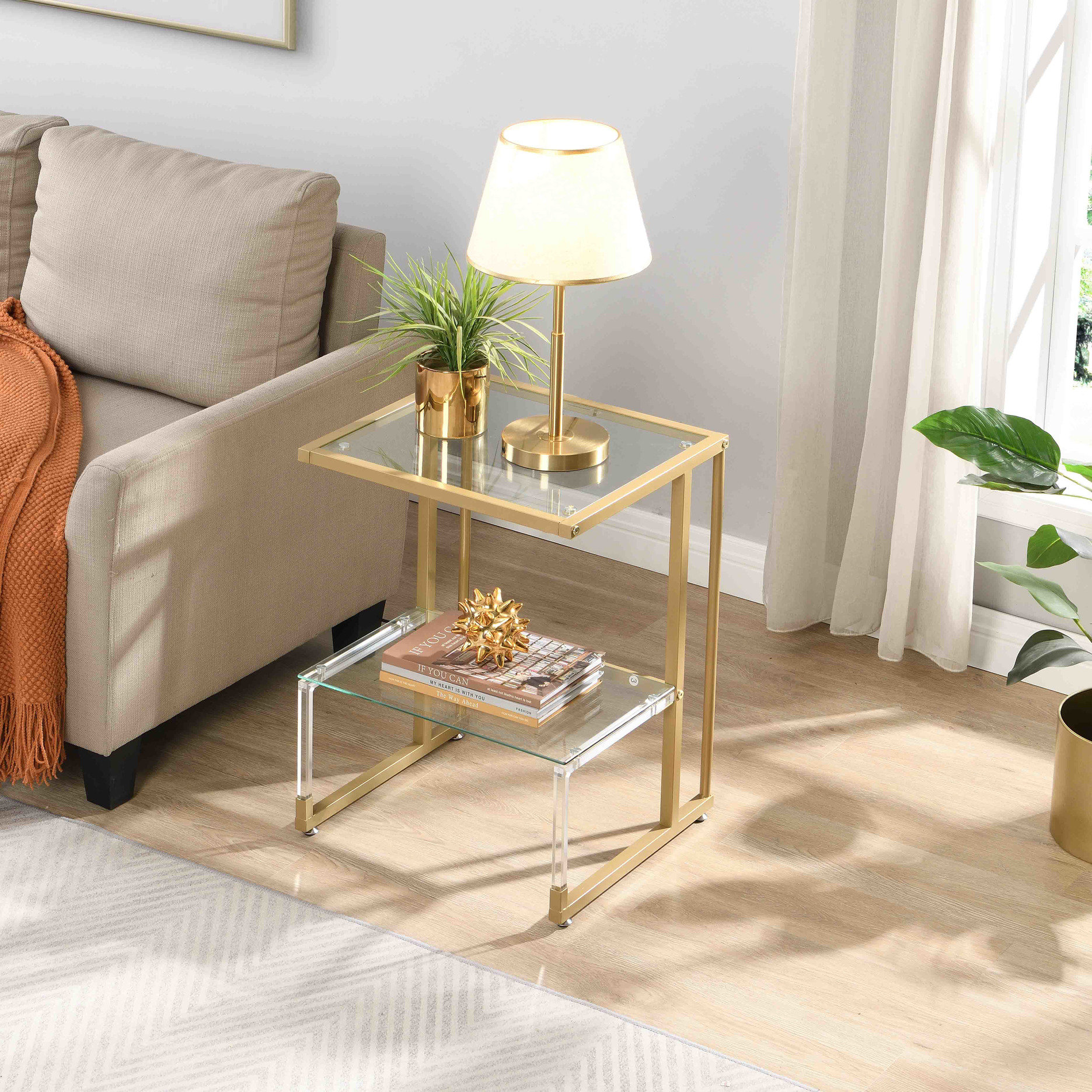 Wrought Studio Golden Side Table, 2 Acrylic Glass For Living & Bedroom ...