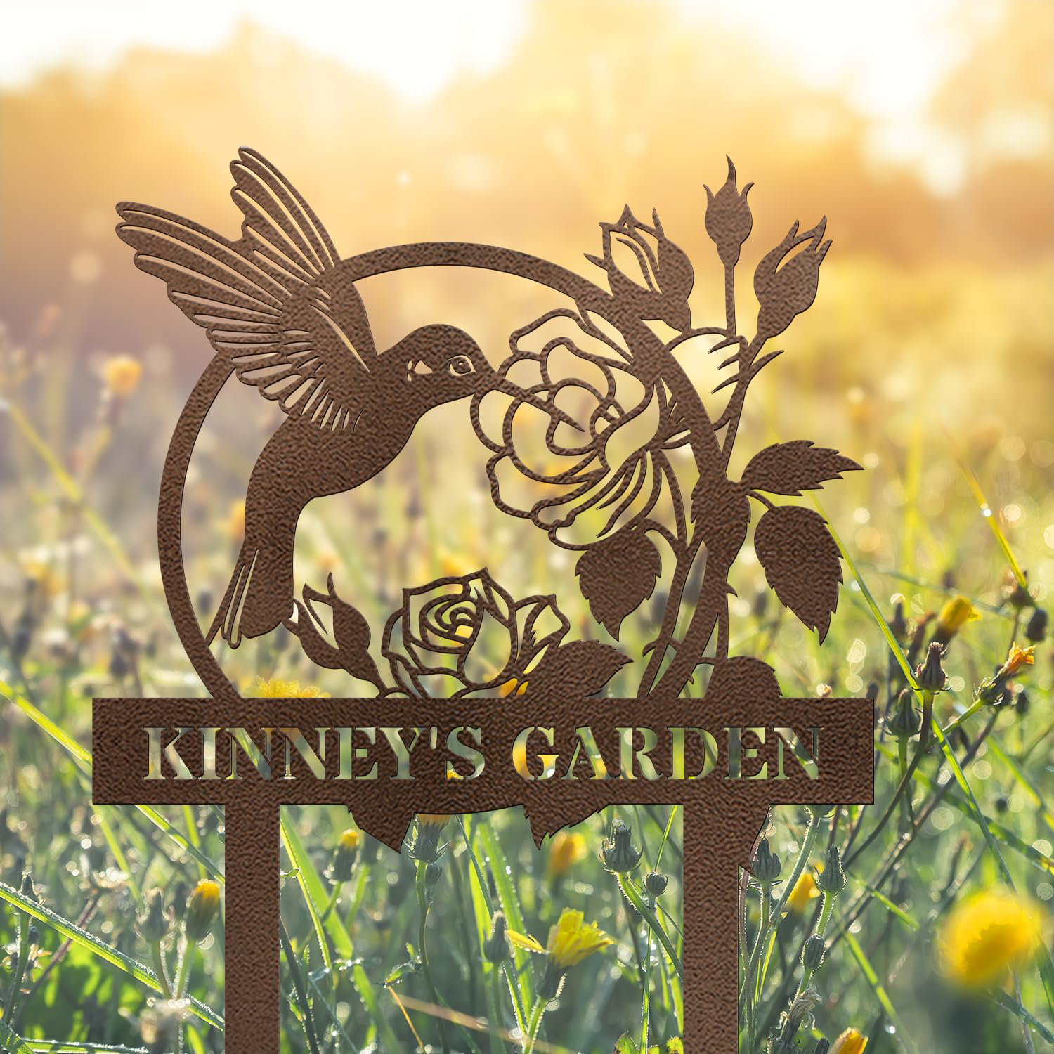 SIGNLEADER Garden Hummingbird On Rose Flowers Custom Metal Name Sign ...