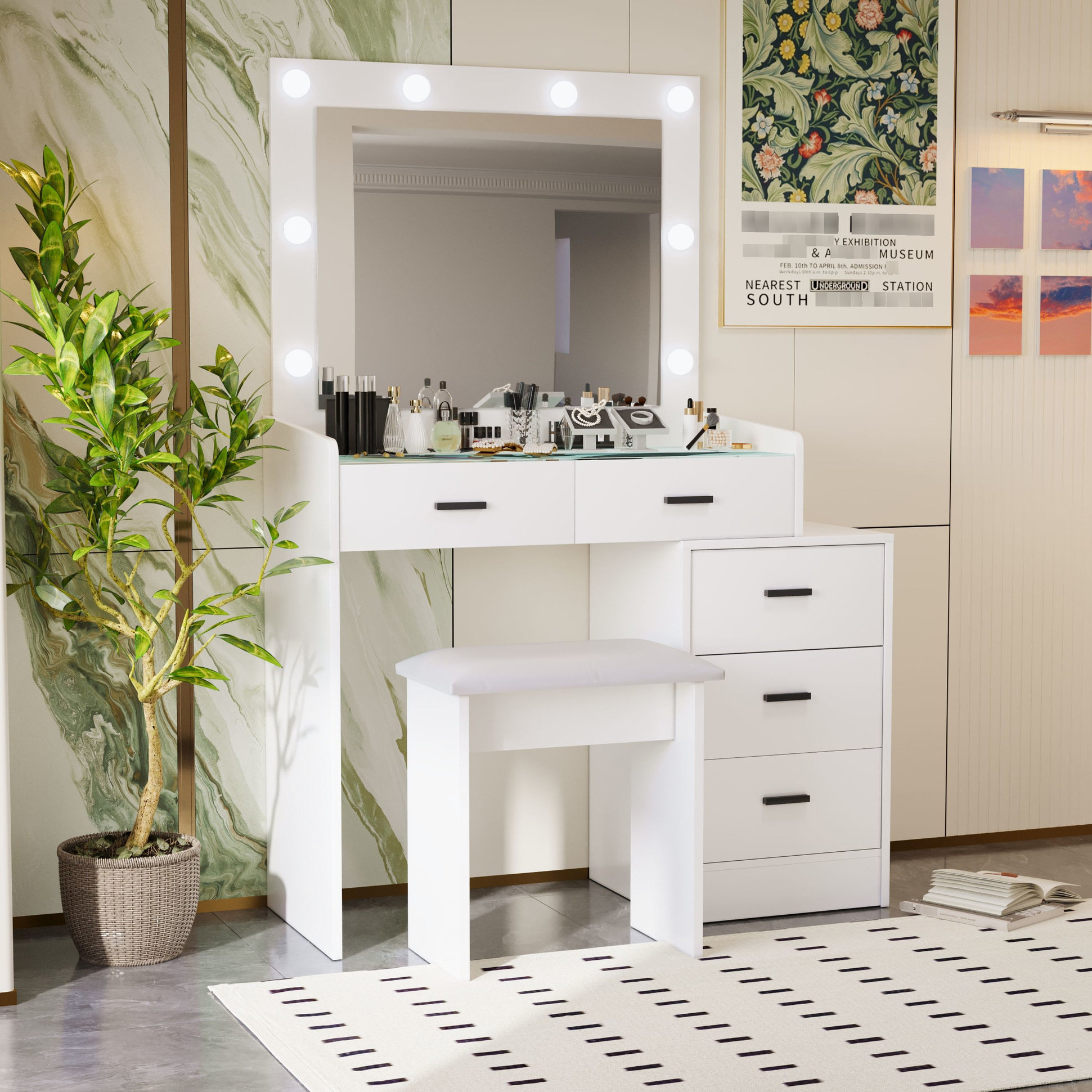 Latitude Run® Modern Dressing Table With Lockable Compartments And Led ...