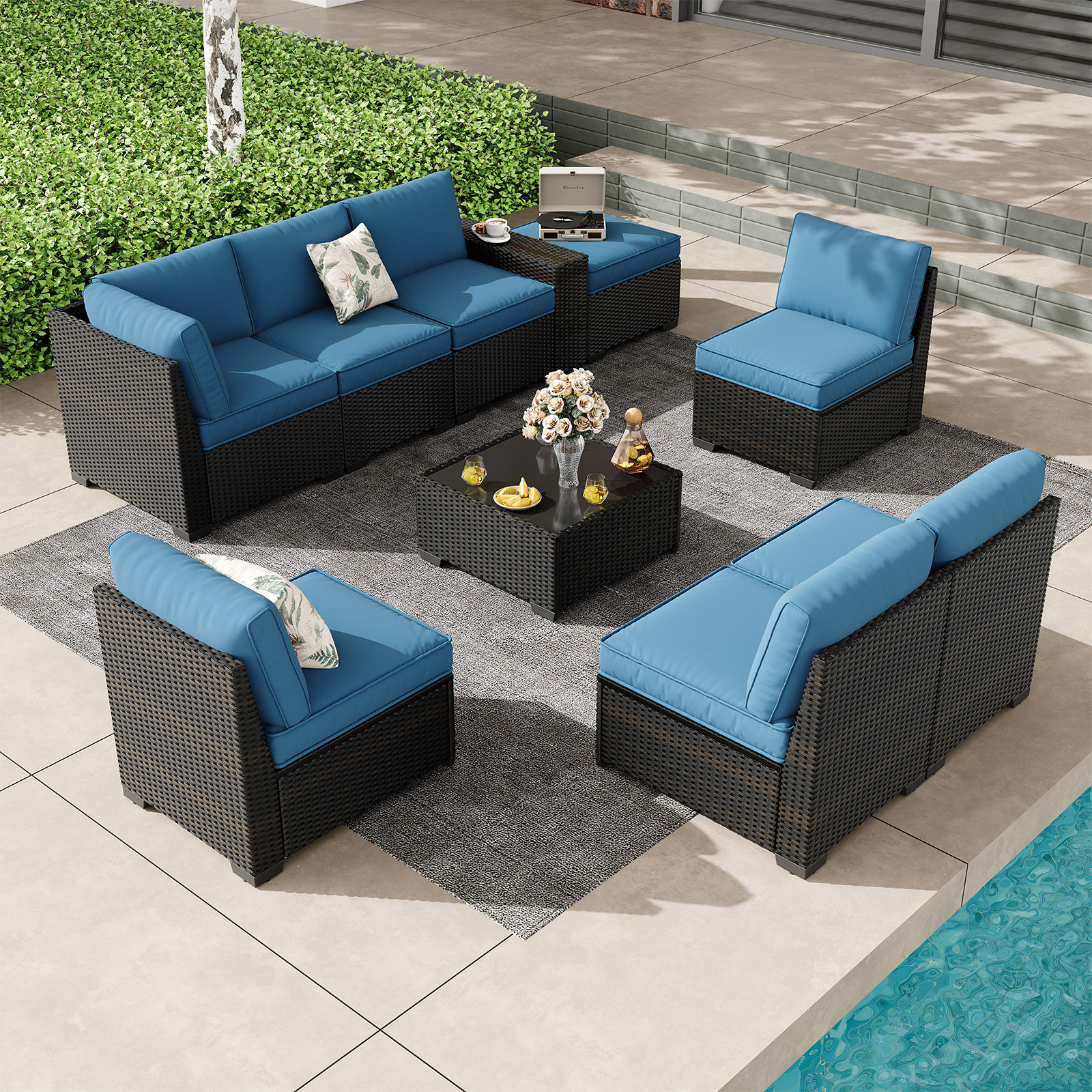 Ebern Designs 9 Pieces Outdoor Patio Furniture Set, Wicker Conversation ...