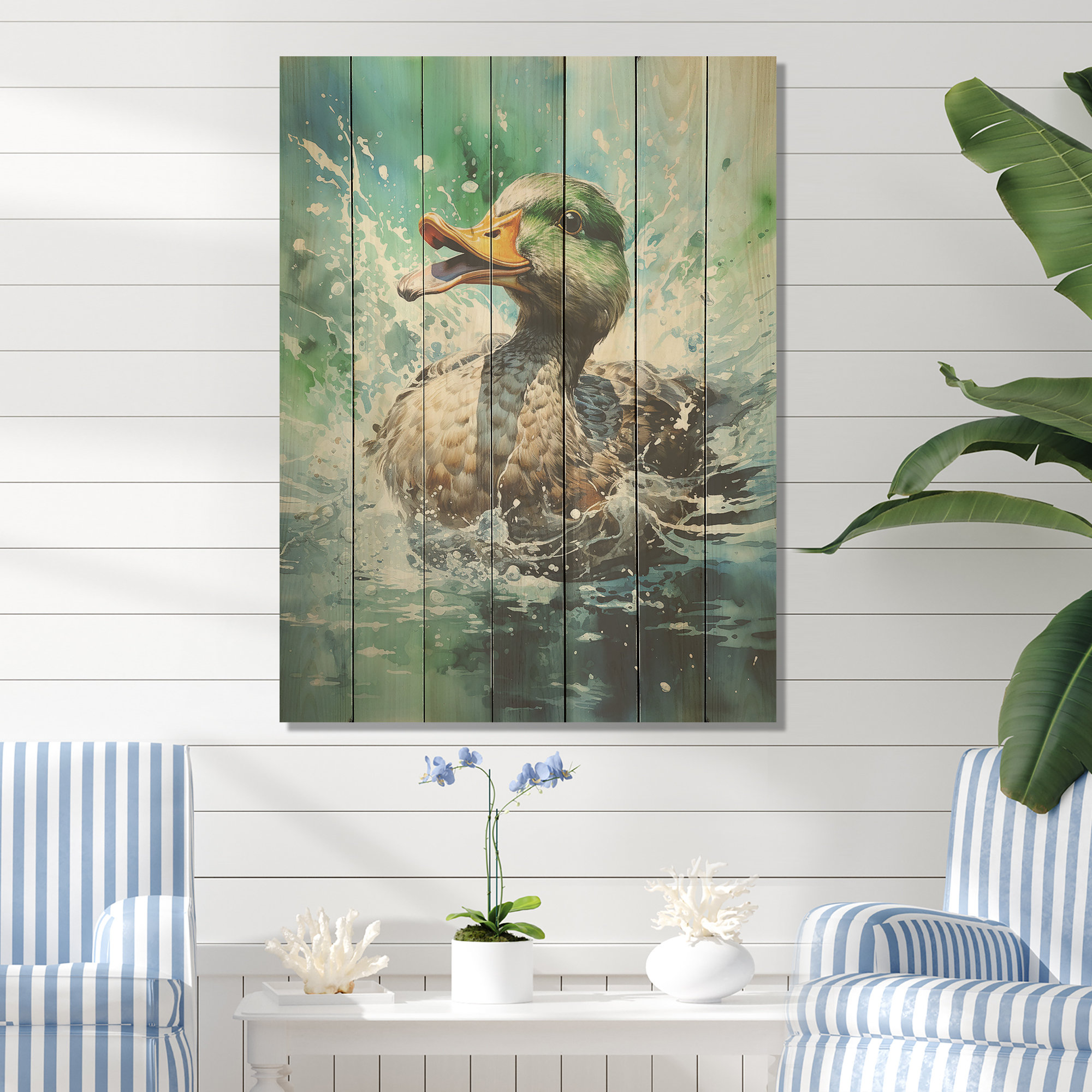 August Grove® Duck Springtime Splash - Duck Animal On Wood Print | Wayfair