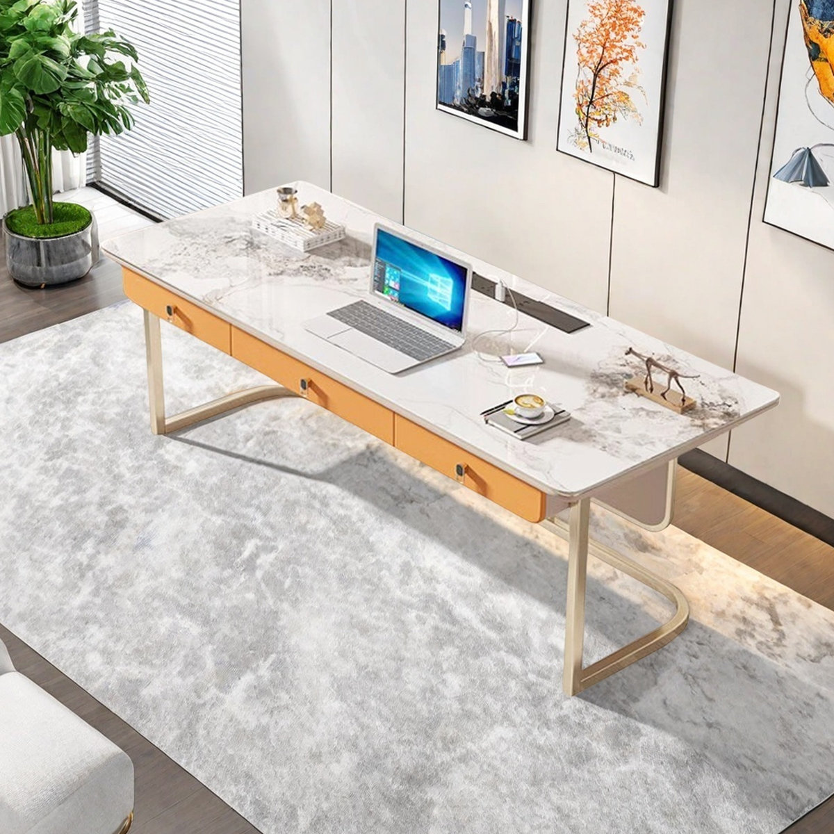 Hokku Designs Desk with Sintered Stone Desktop Protective Railings ...