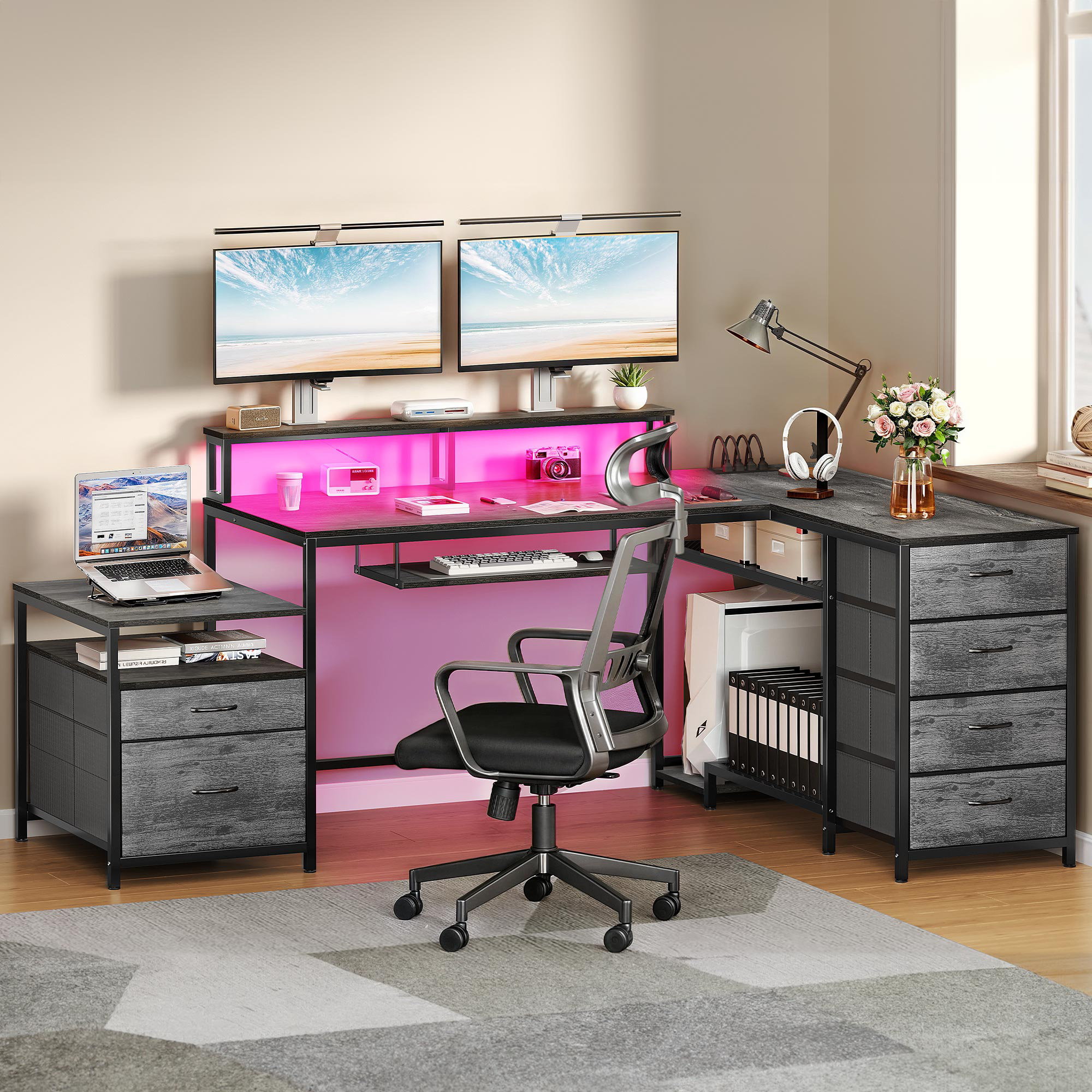 17 Stories 71'' L Shaped Desk With Power Outlet, Keyboard Tray & LED ...