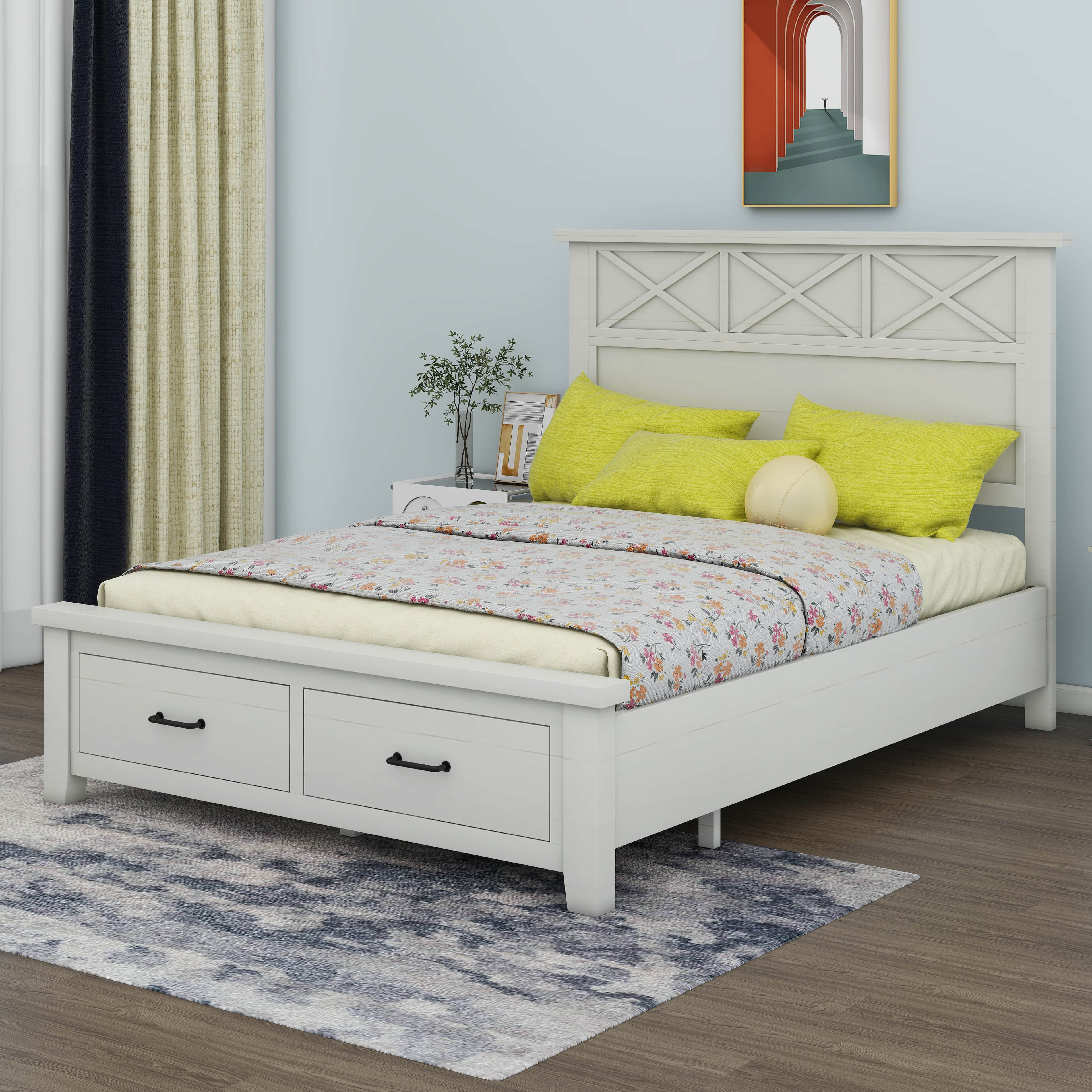 August Grove® Rustic Farmhouse Style Whitewash Queen Storage Panel Bed ...